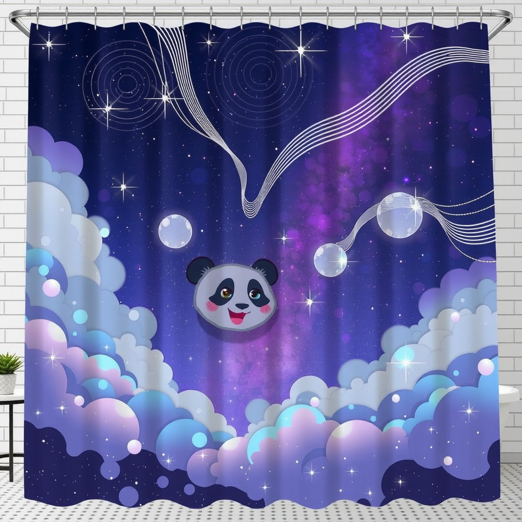 Whimsical Cartoon Panda Shower Curtain - Dreamy Night Sky Design ...