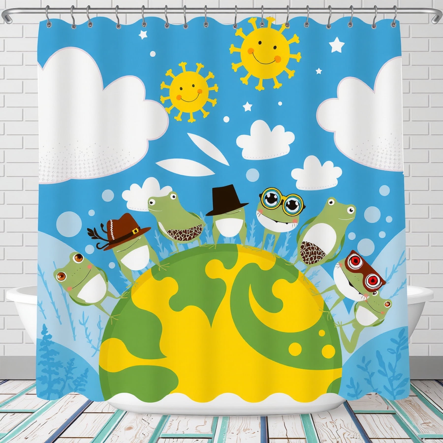 Whimsical Cartoon Shower Curtain - Cheerful Design with Globe Suns ...