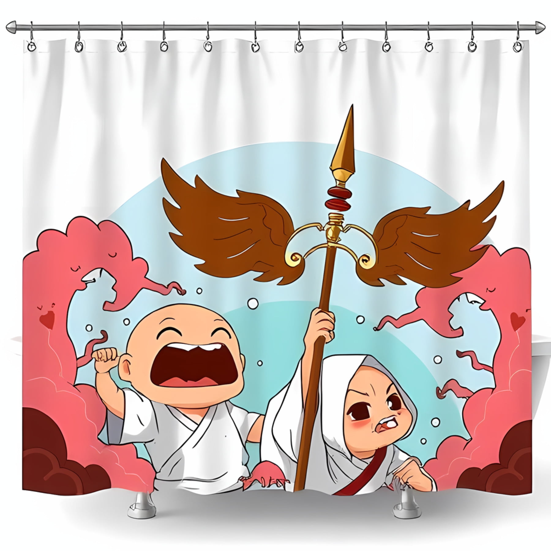 Whimsical Cartoon Shower Curtain with Bald Monk & Hooded Figure in ...