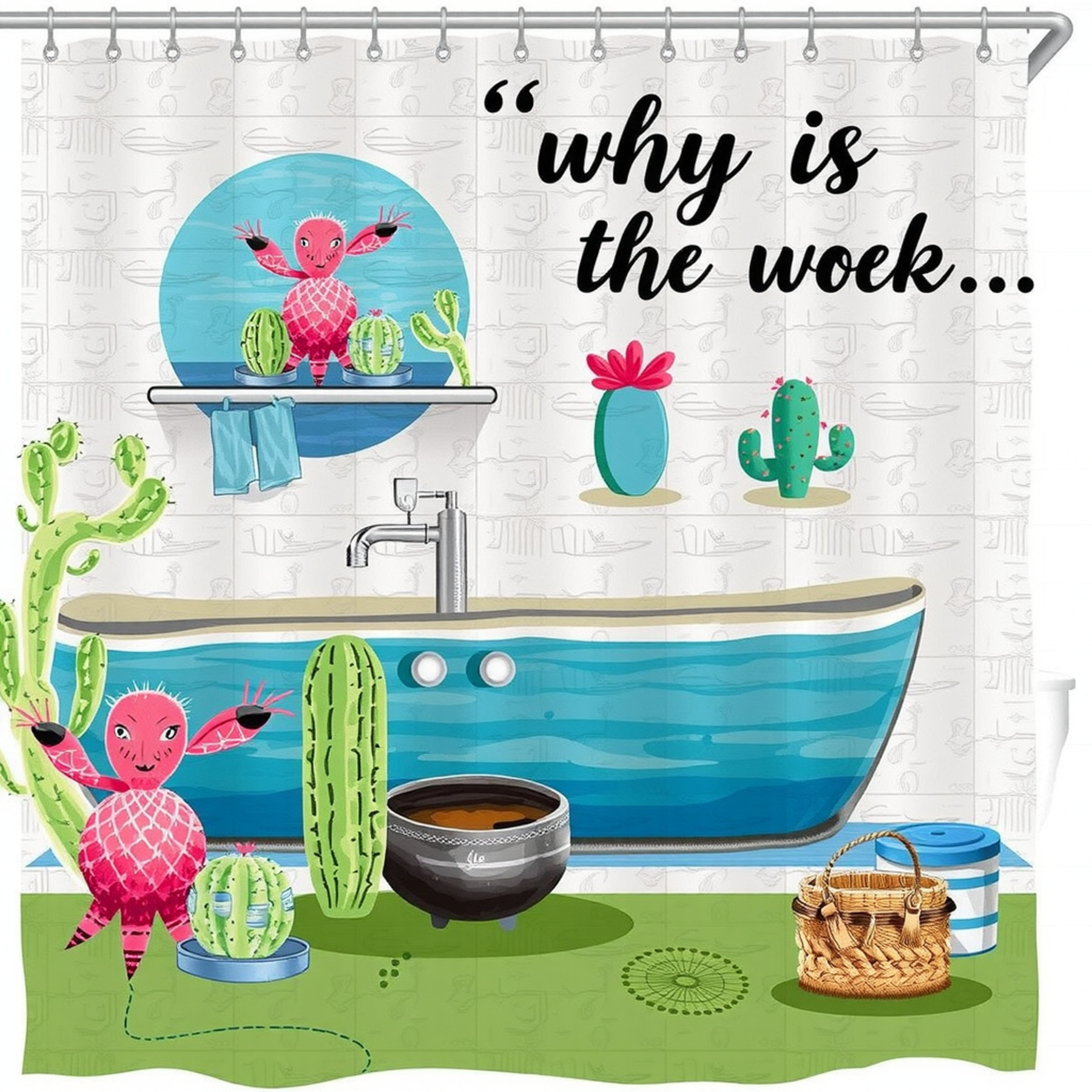 Whimsical Cartoon Shower Curtain with Blue, Cacti & Stick Figures ...