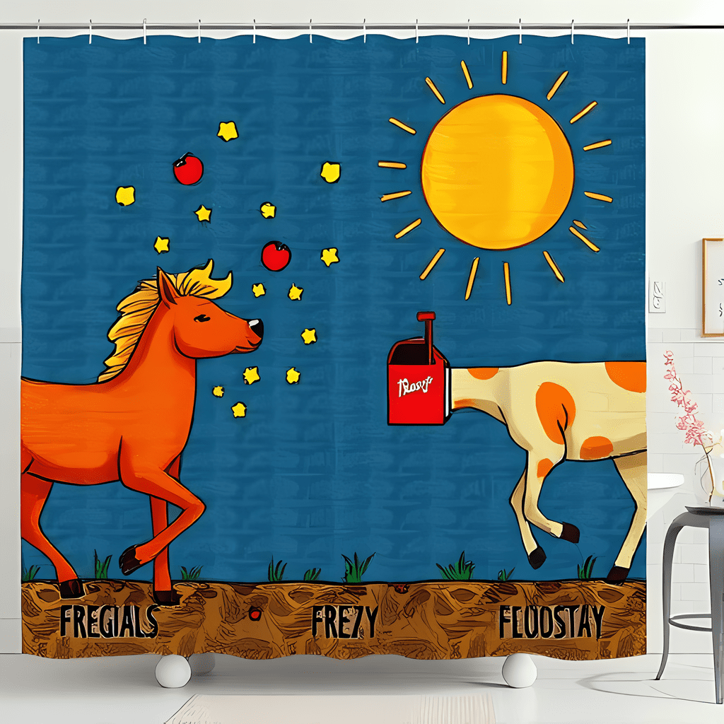 Whimsical Cartoon Shower Curtain with Cheerful Orange Horse Tomatoes ...