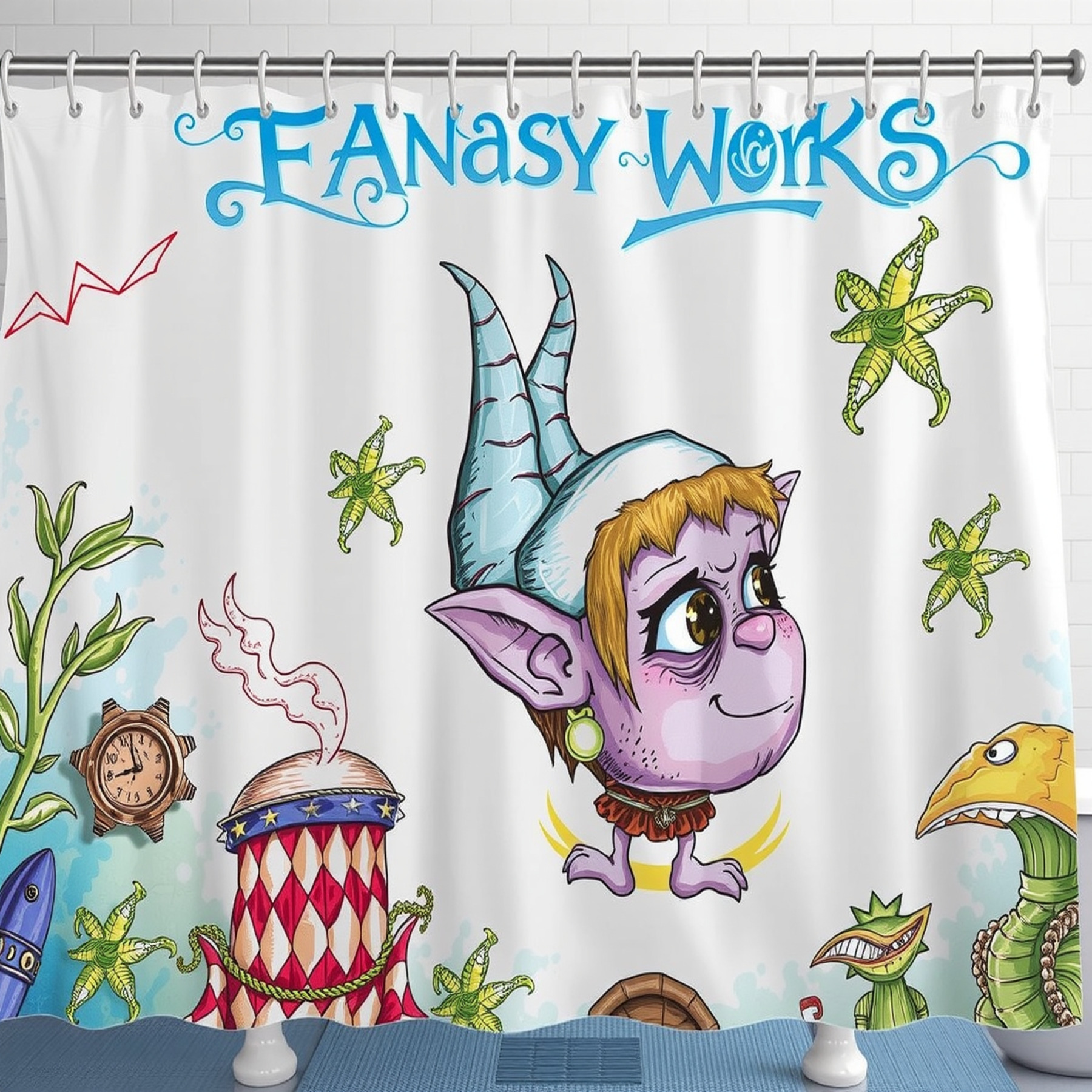 Whimsical Cartoon Shower Curtain with Fantasy Creatures & Mischievous ...