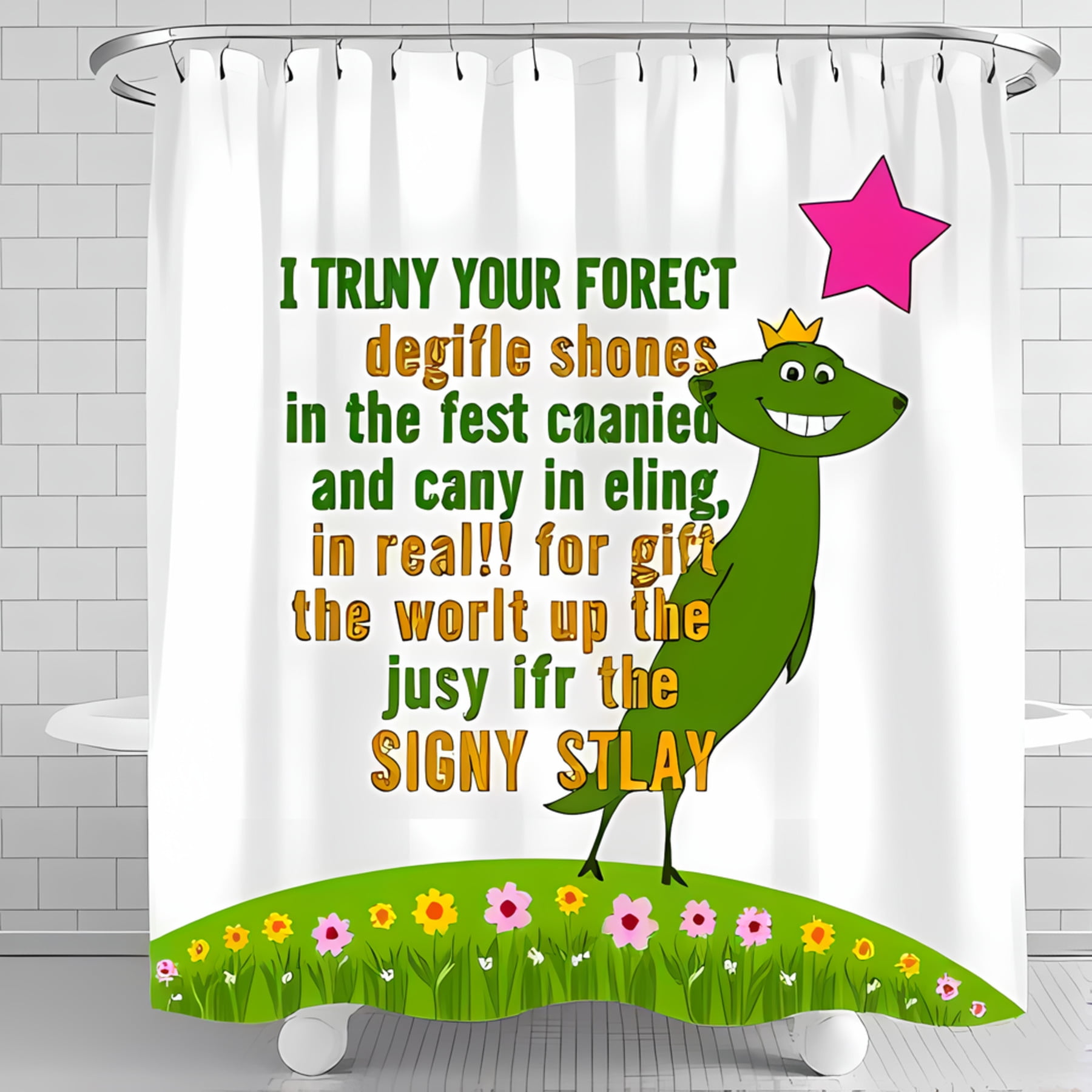 Whimsical Cartoon Shower Curtain with Green Creature Flowers & Playful ...