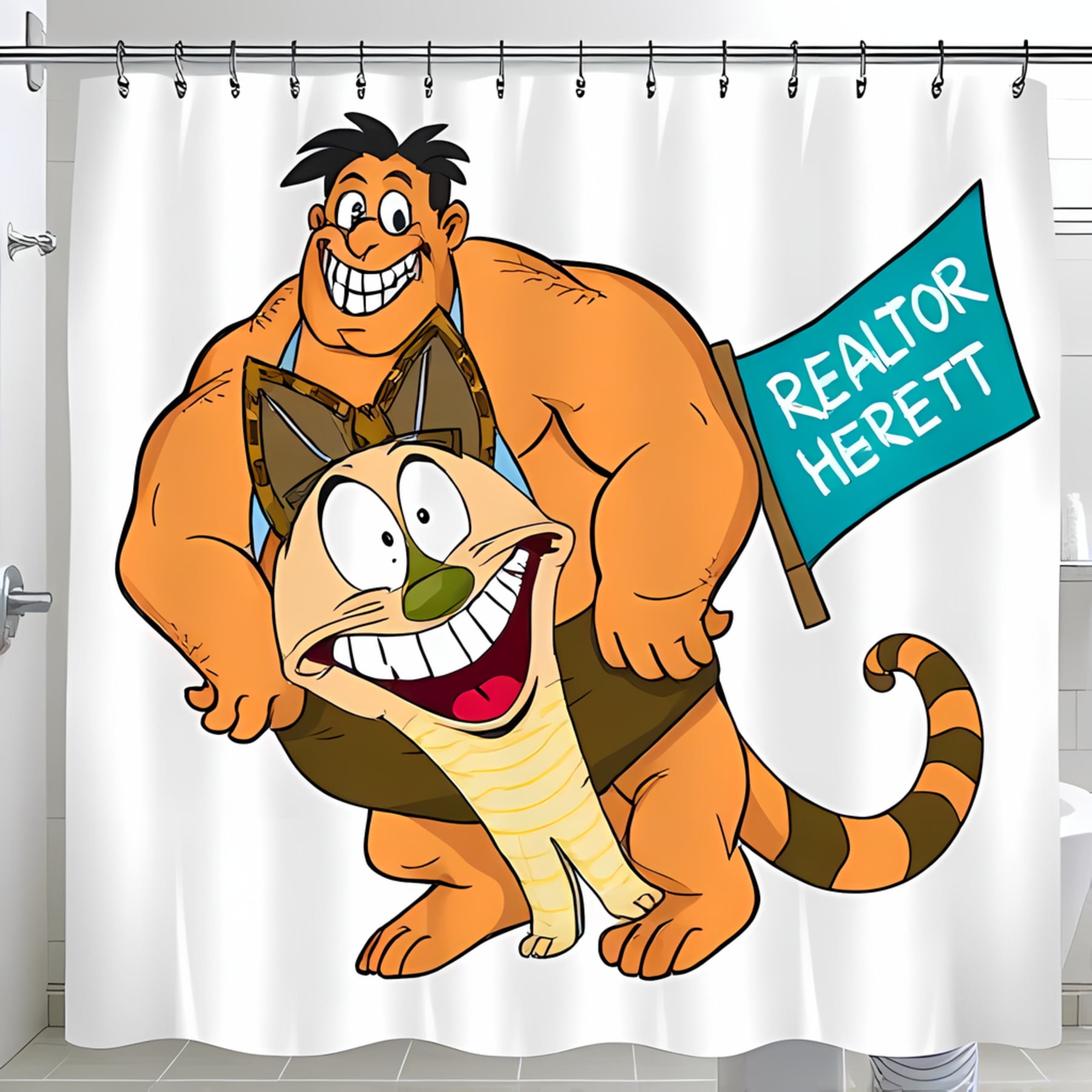Whimsical Cartoon Shower Curtain with Muscular Caveman and Playful Cat ...