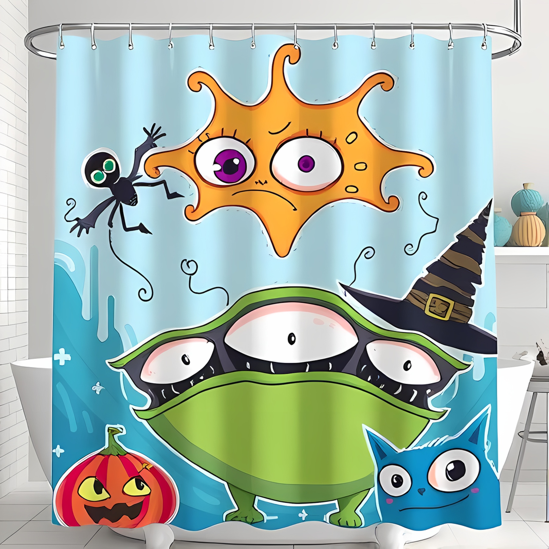 Whimsical Cartoon Shower Curtain with Sun Three-Eyed Creature ...