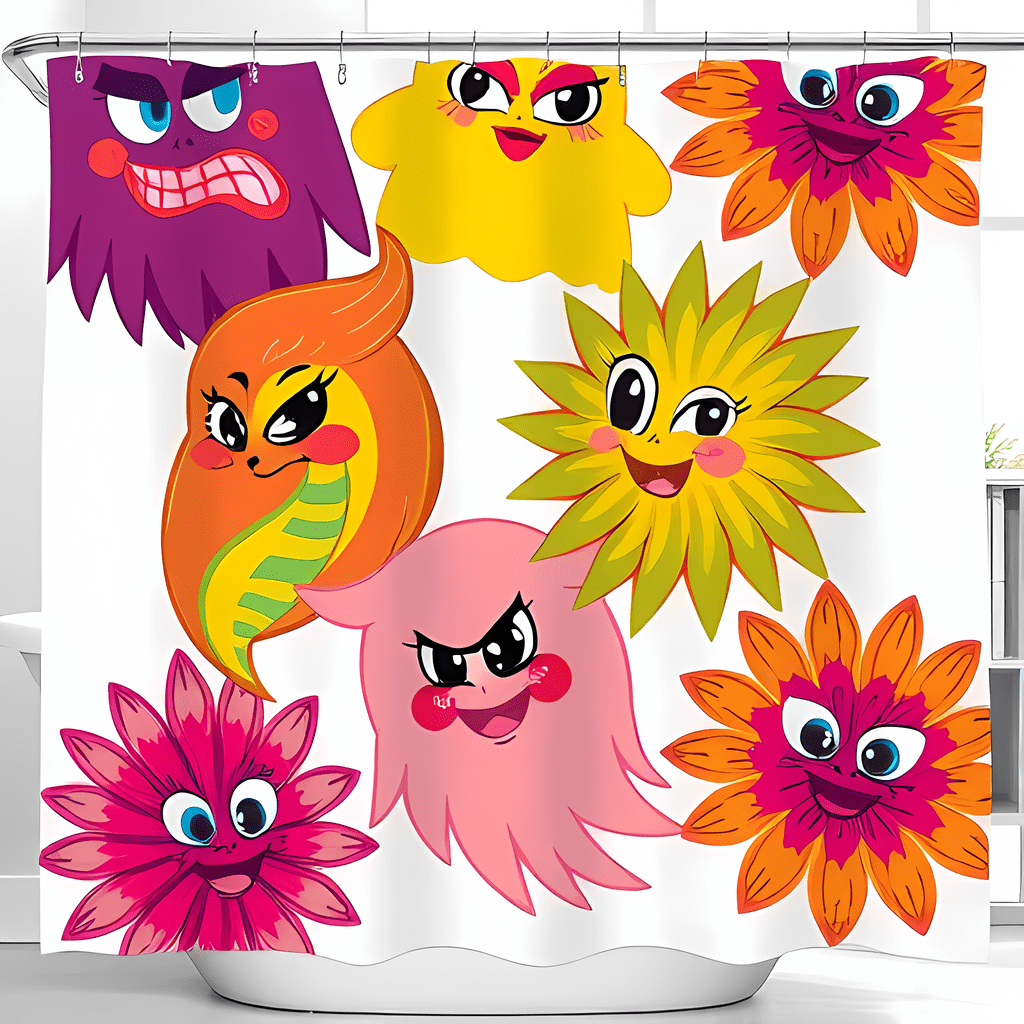 Whimsical Cartoon Shower Curtain with Vibrant Characters - Playful ...