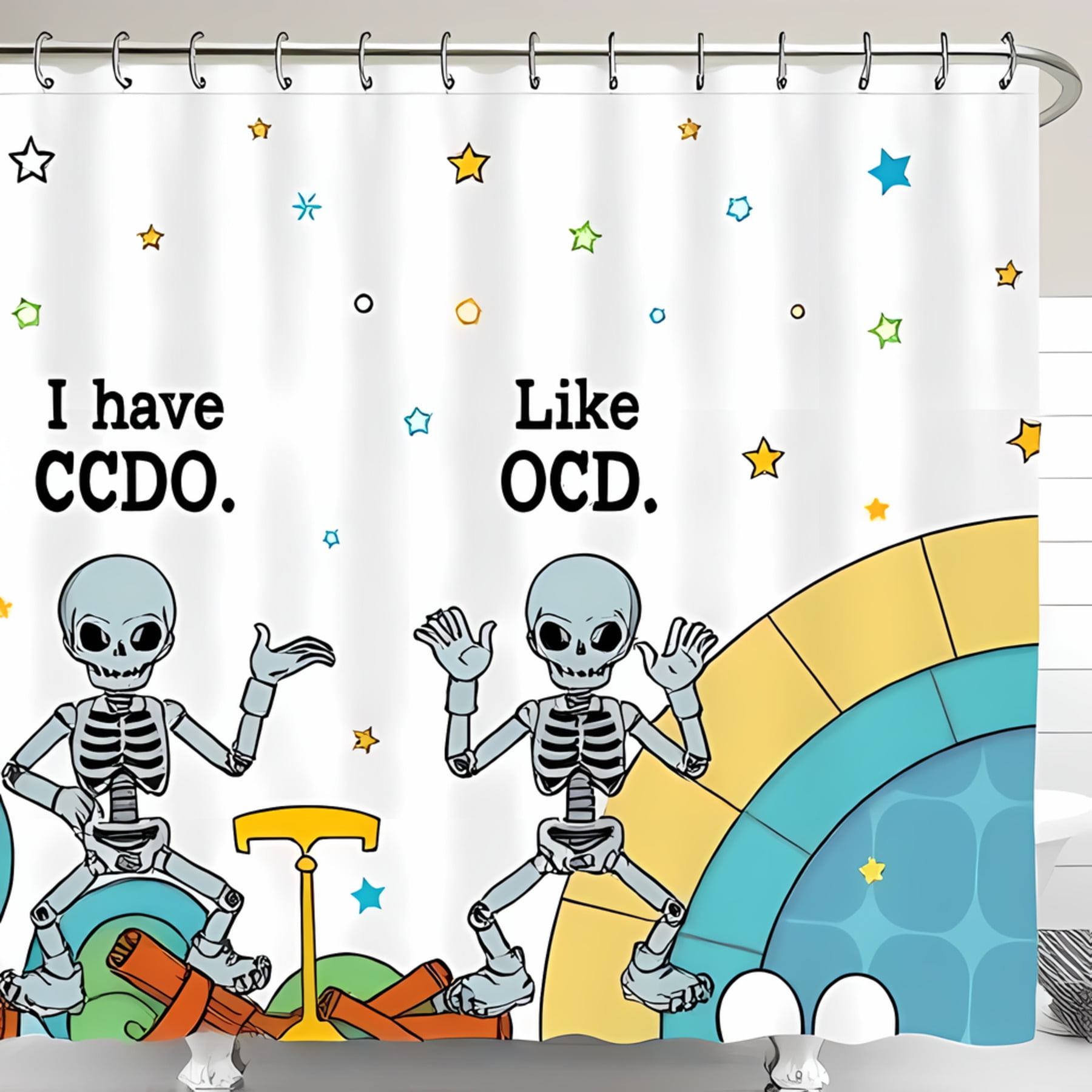 Whimsical Cartoon Skeleton Shower Curtain with Playful Phrases " I have ...