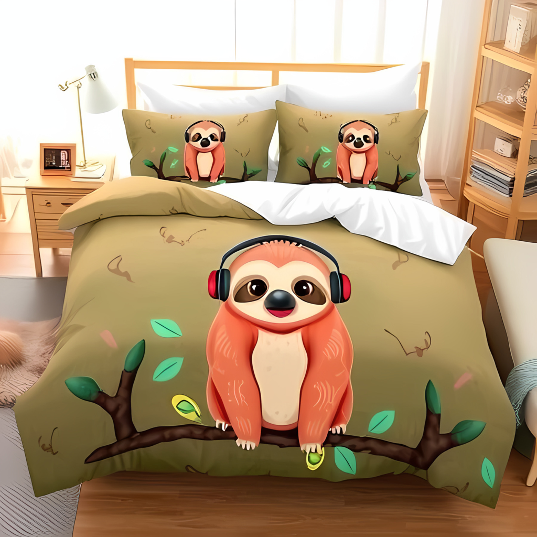 Whimsical Cartoon Sloth Comforter Set Green Bedding with Playful Leaves ...
