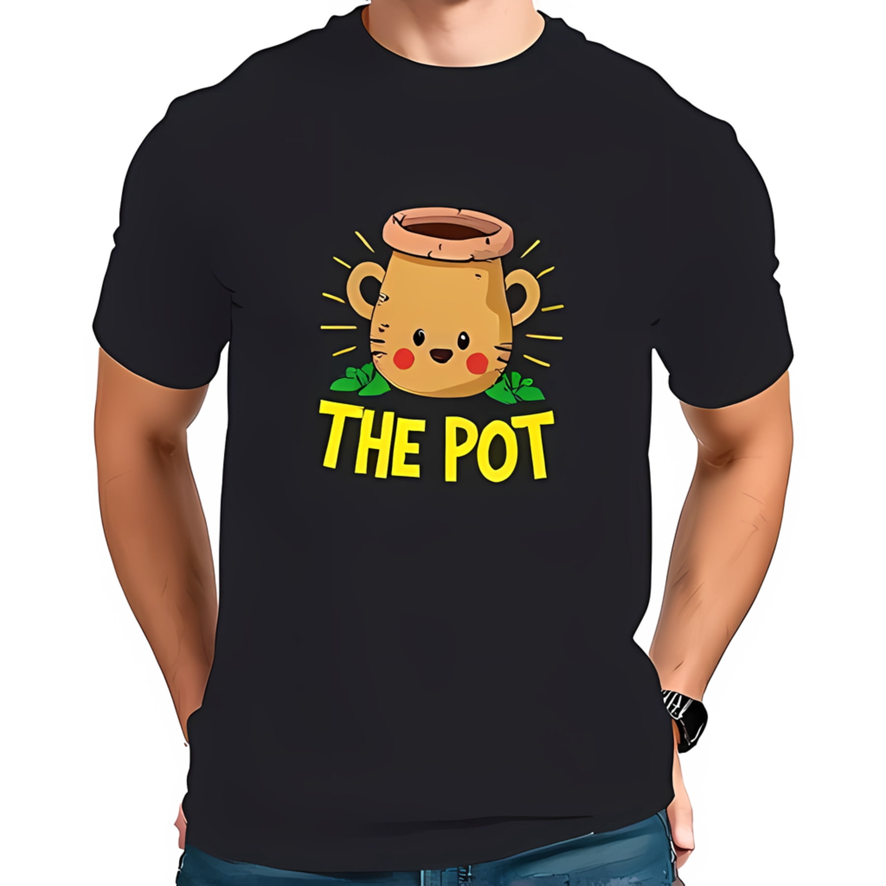 Whimsical Cartoon Terracotta Pot T-Shirt - Cute Face & Leaves Design ...
