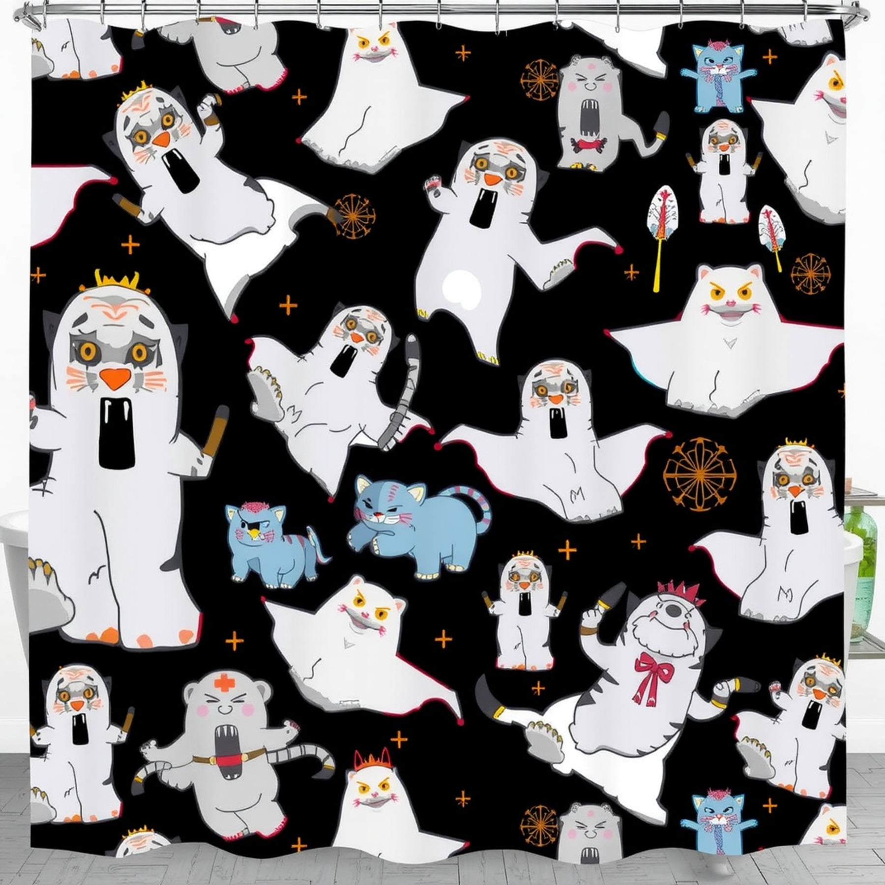 Whimsical Cartoon Tiger Ghosts Shower Curtain - Fun Black & Orange ...