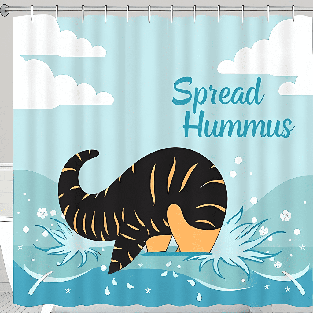 Whimsical Cartoon Tiger Shower Curtain - "Spread Hummus" Design in Teal ...