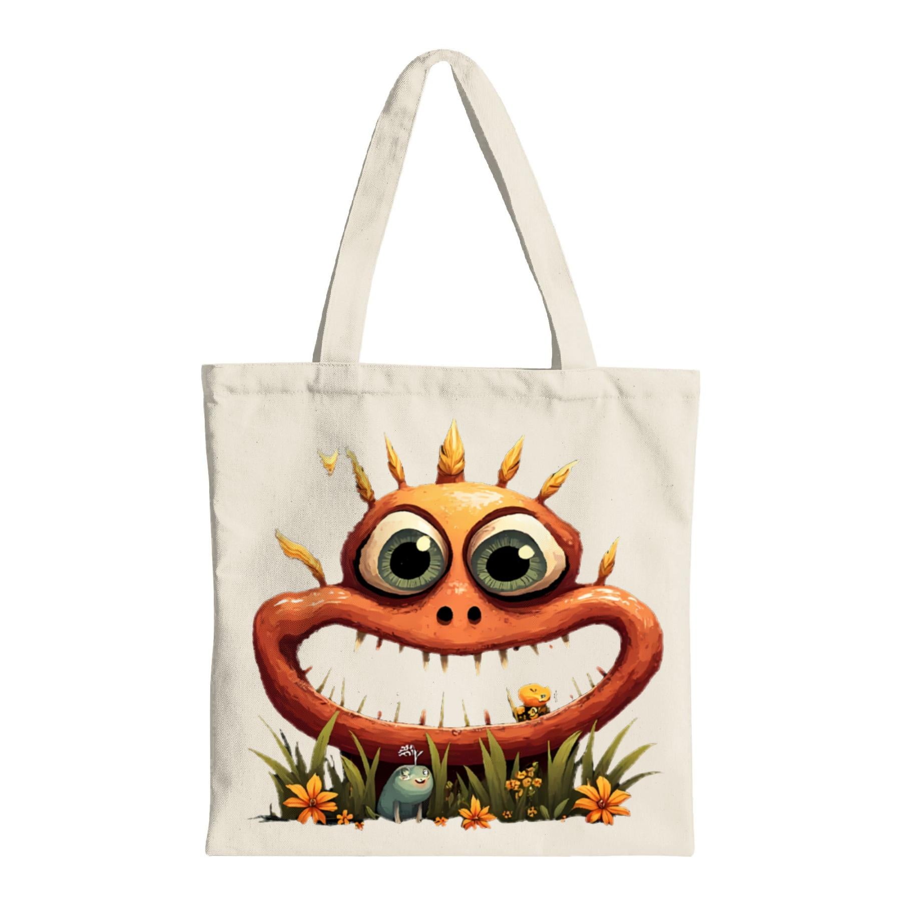 Whimsical Cartoon Tote Bag - Smiling Orange Creature with Spiky Blue ...