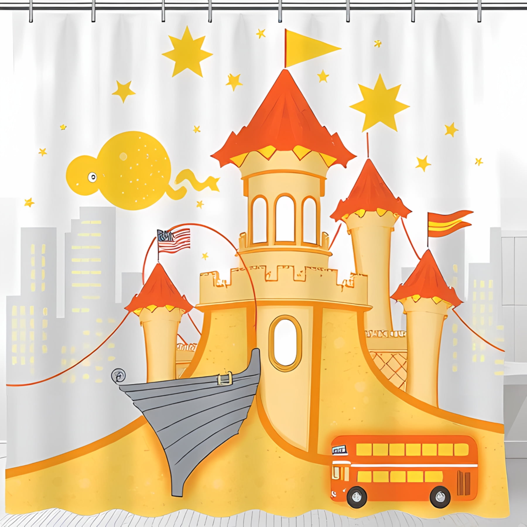Whimsical Castle Shower Curtain - Colorful Towers Red Roofs Yellow Ship ...