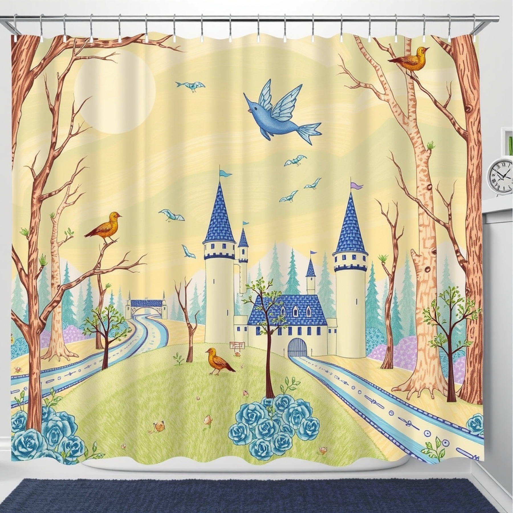 Whimsical Castle Shower Curtain - Enchanting Forest Scene with River ...