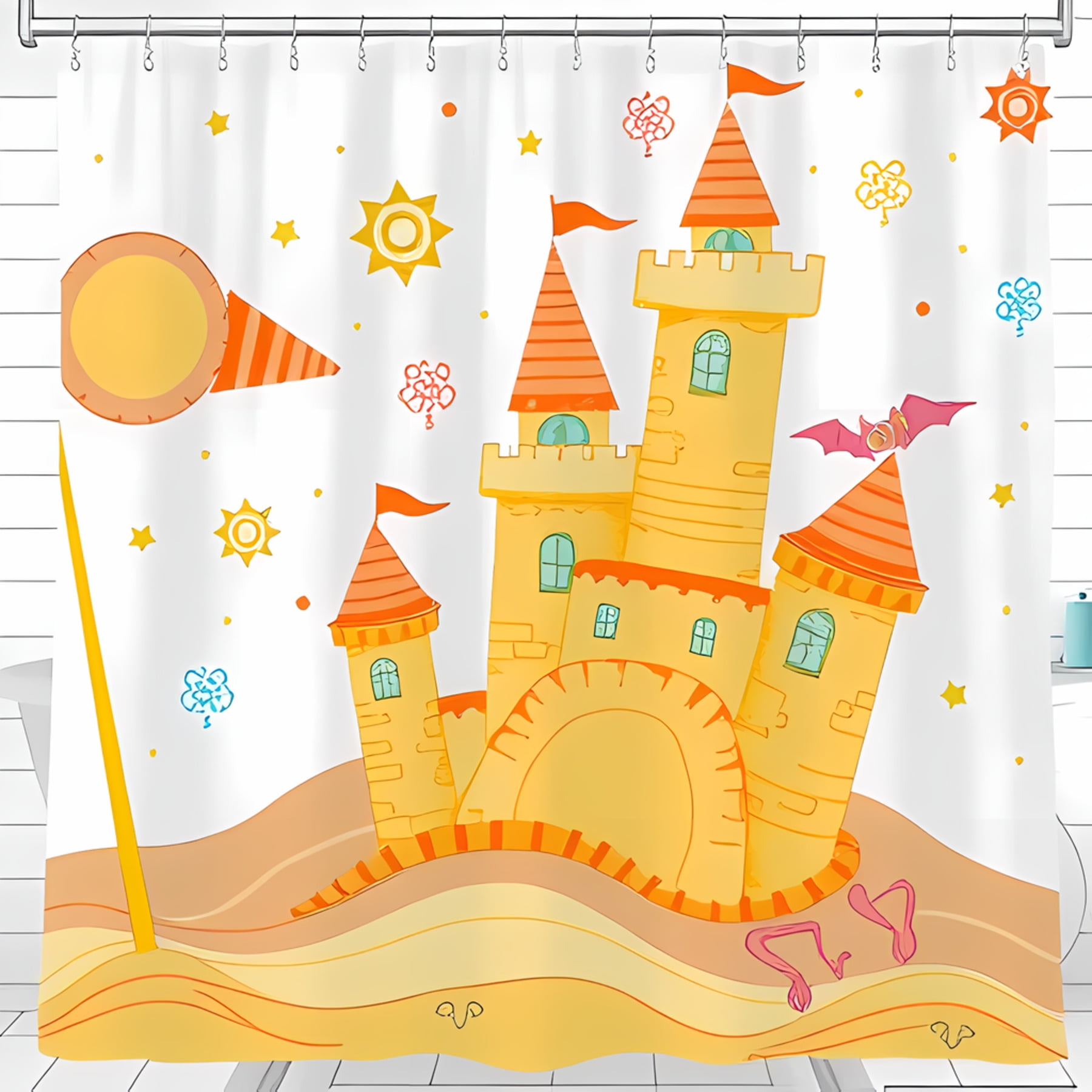Whimsical Castle Shower Curtain - Magical Orange & Yellow Towers with ...