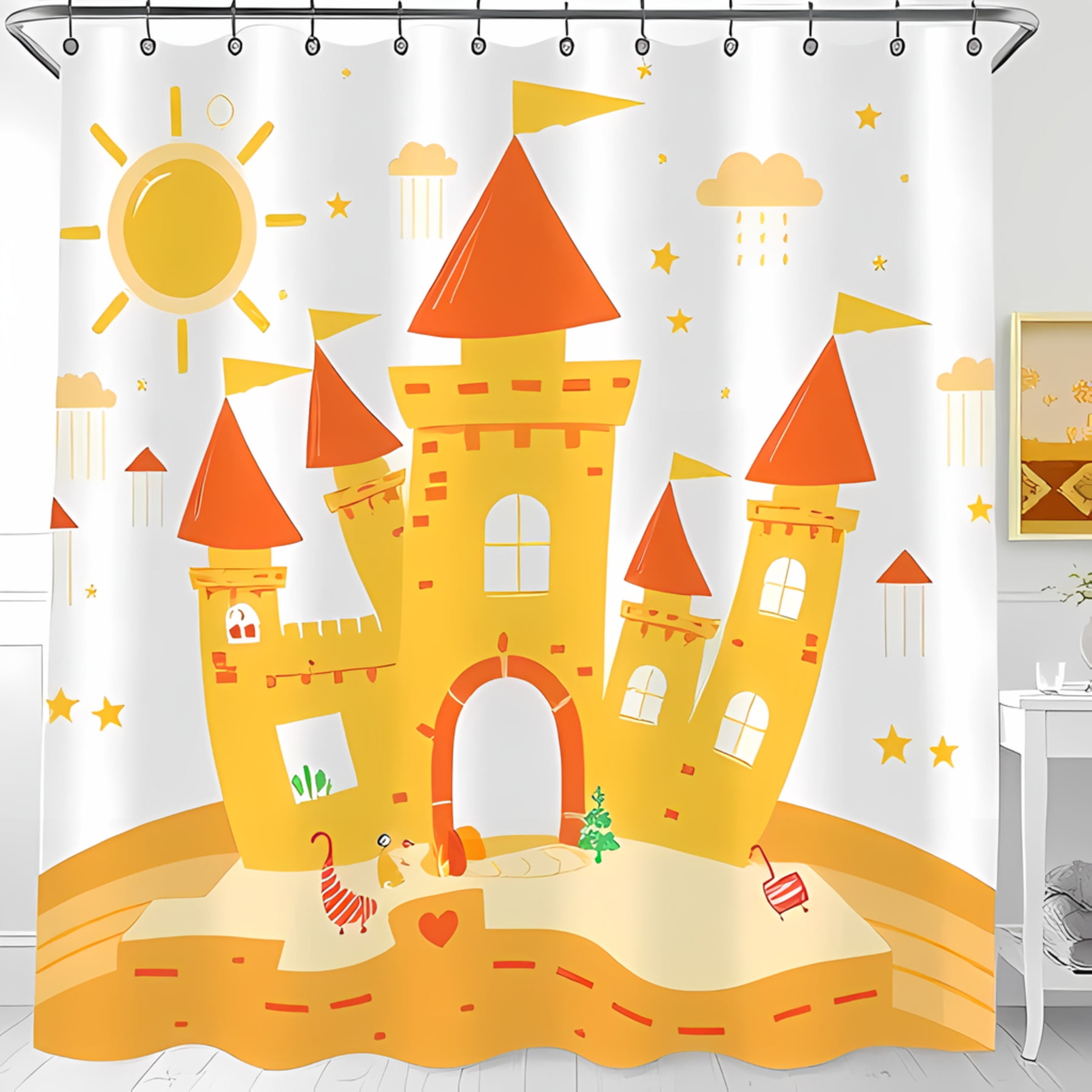 Whimsical Castle Shower Curtain - Playful Design with Orange - Roofed ...