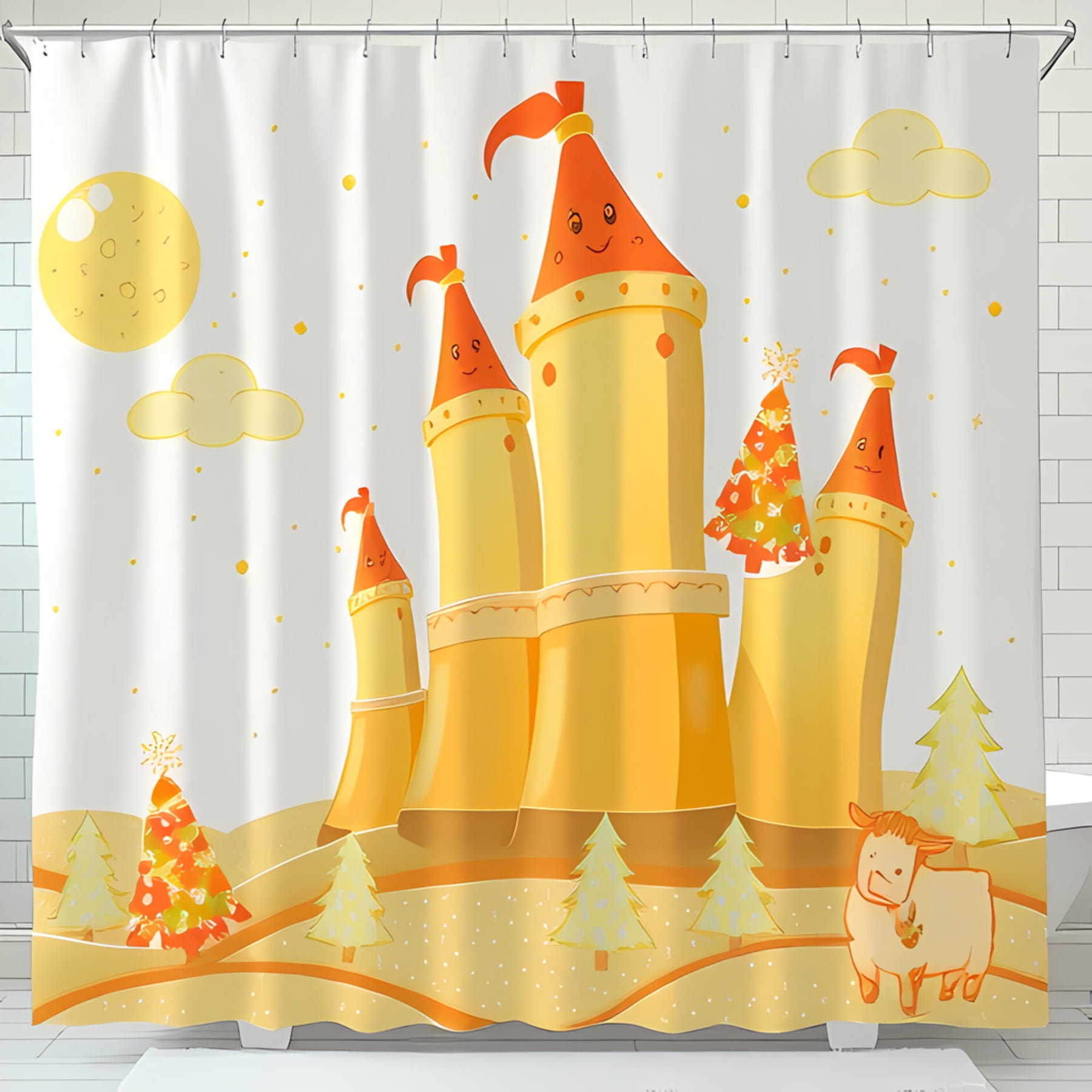 Whimsical Castle Shower Curtain - Playful Design with Smiling Towers ...