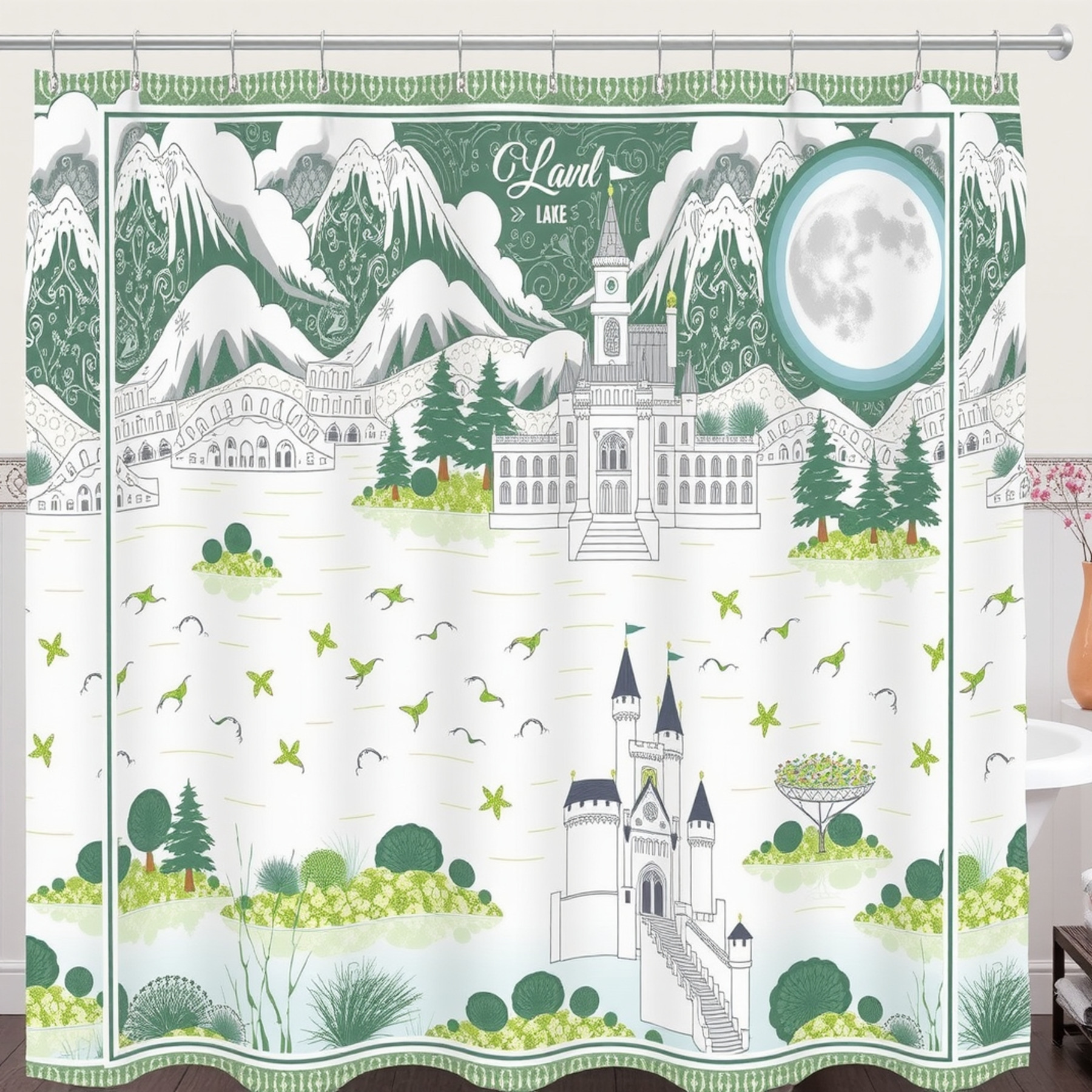 Whimsical Castle Shower Curtain - Serene Landscape with Moon ...