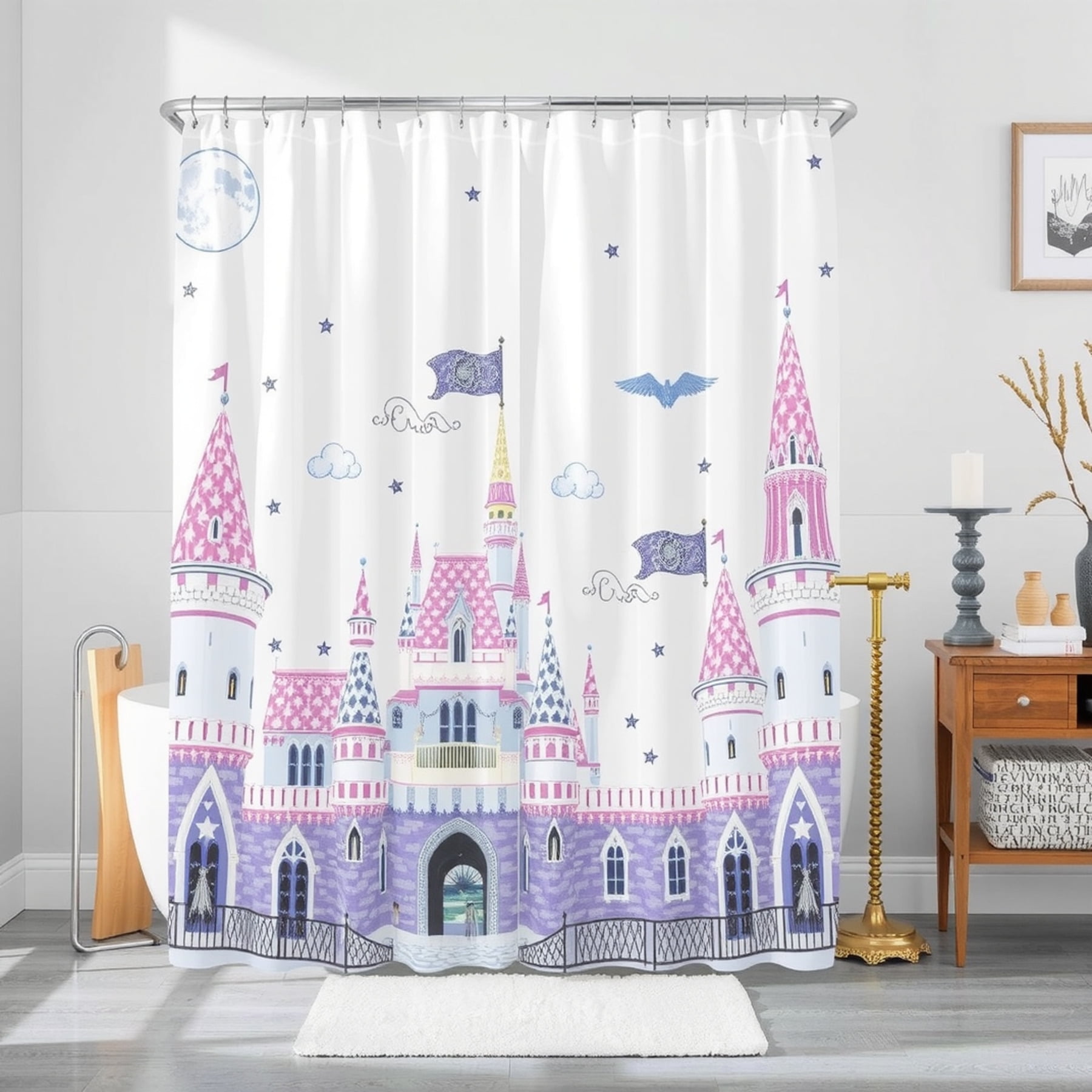 Whimsical Castle Shower Curtain - Soft White with Pink Purple & Blue ...