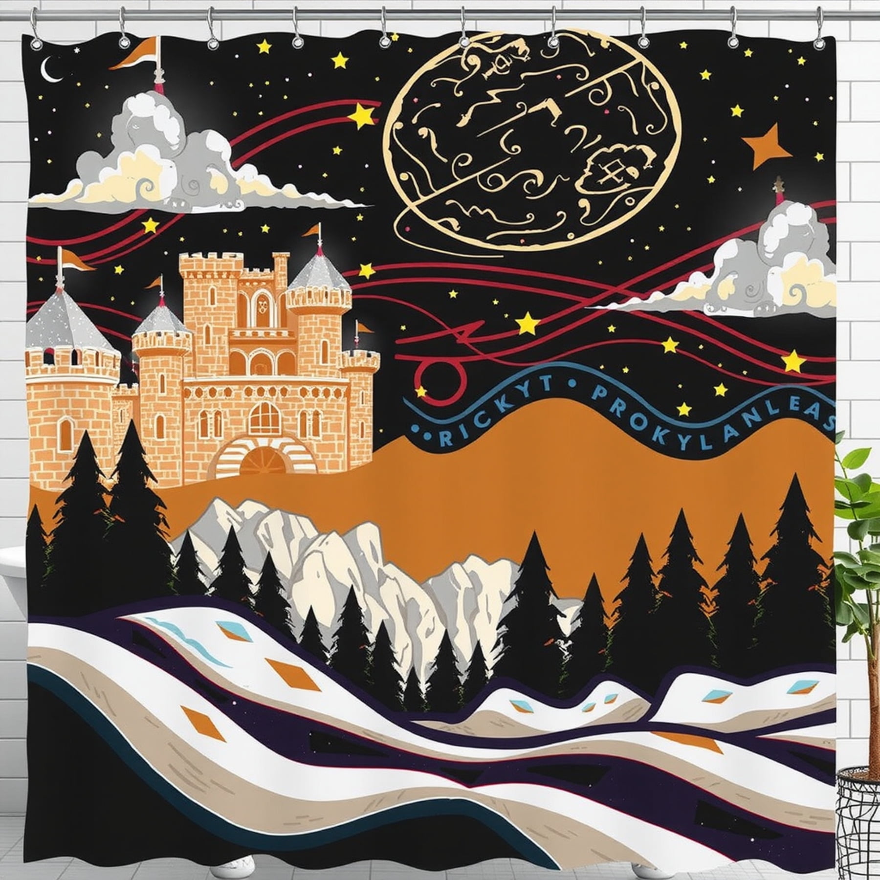 Whimsical Castle Shower Curtain - Vibrant Moonlit Design with Stars ...
