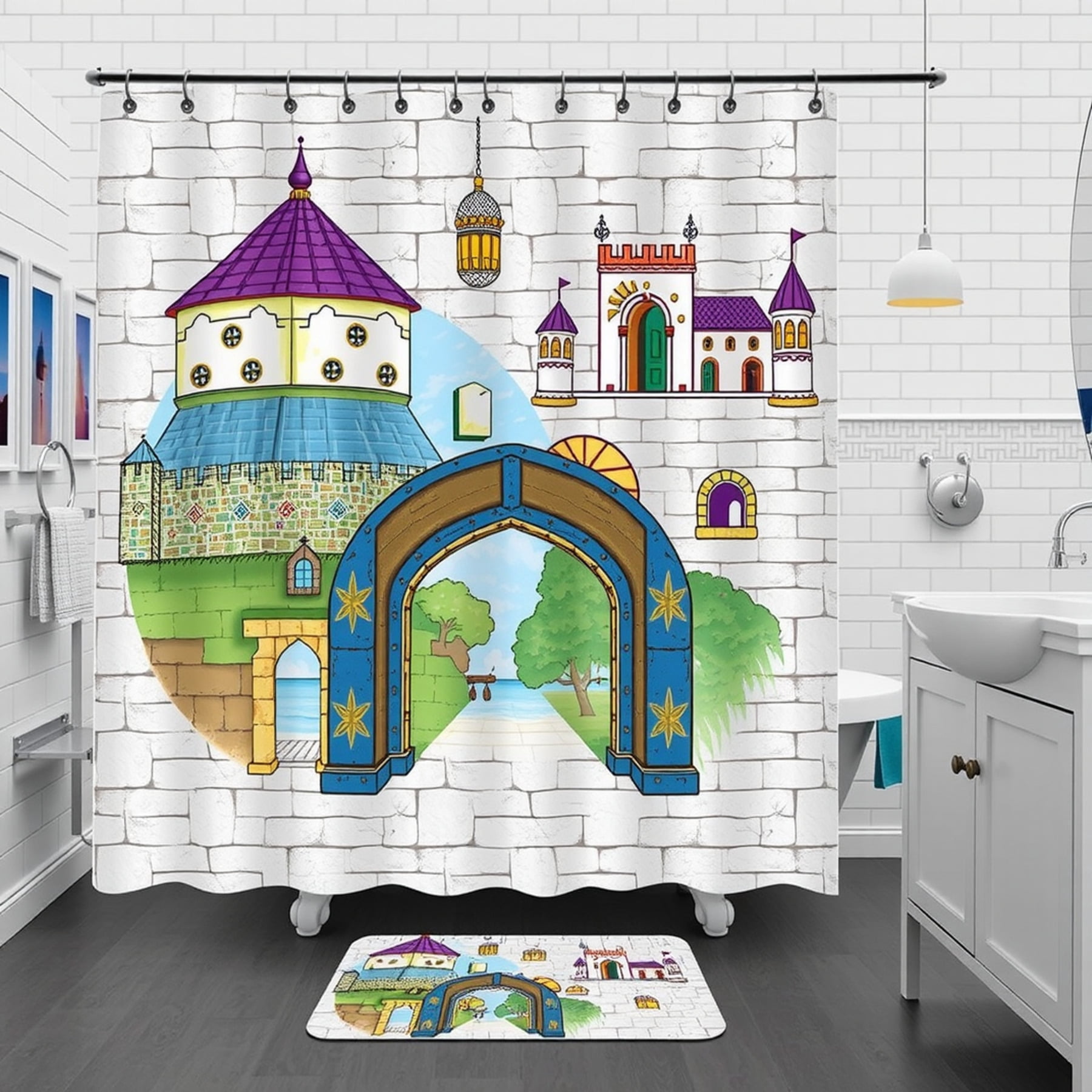 Whimsical Castle Shower Curtain with Archway Design - Colorful Bathroom ...