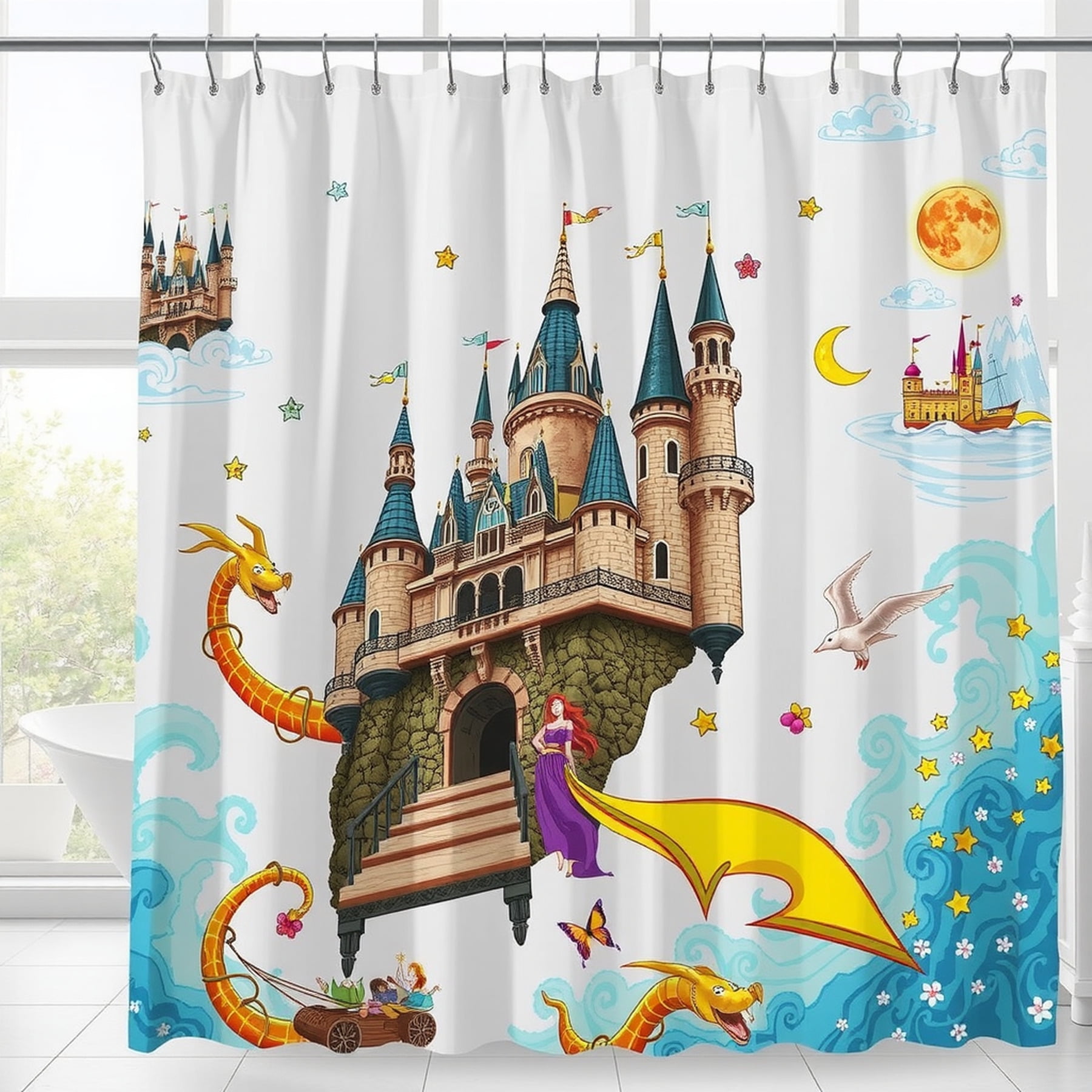 Whimsical Castle Shower Curtain with Dragons Enchanting Bathroom Decor ...