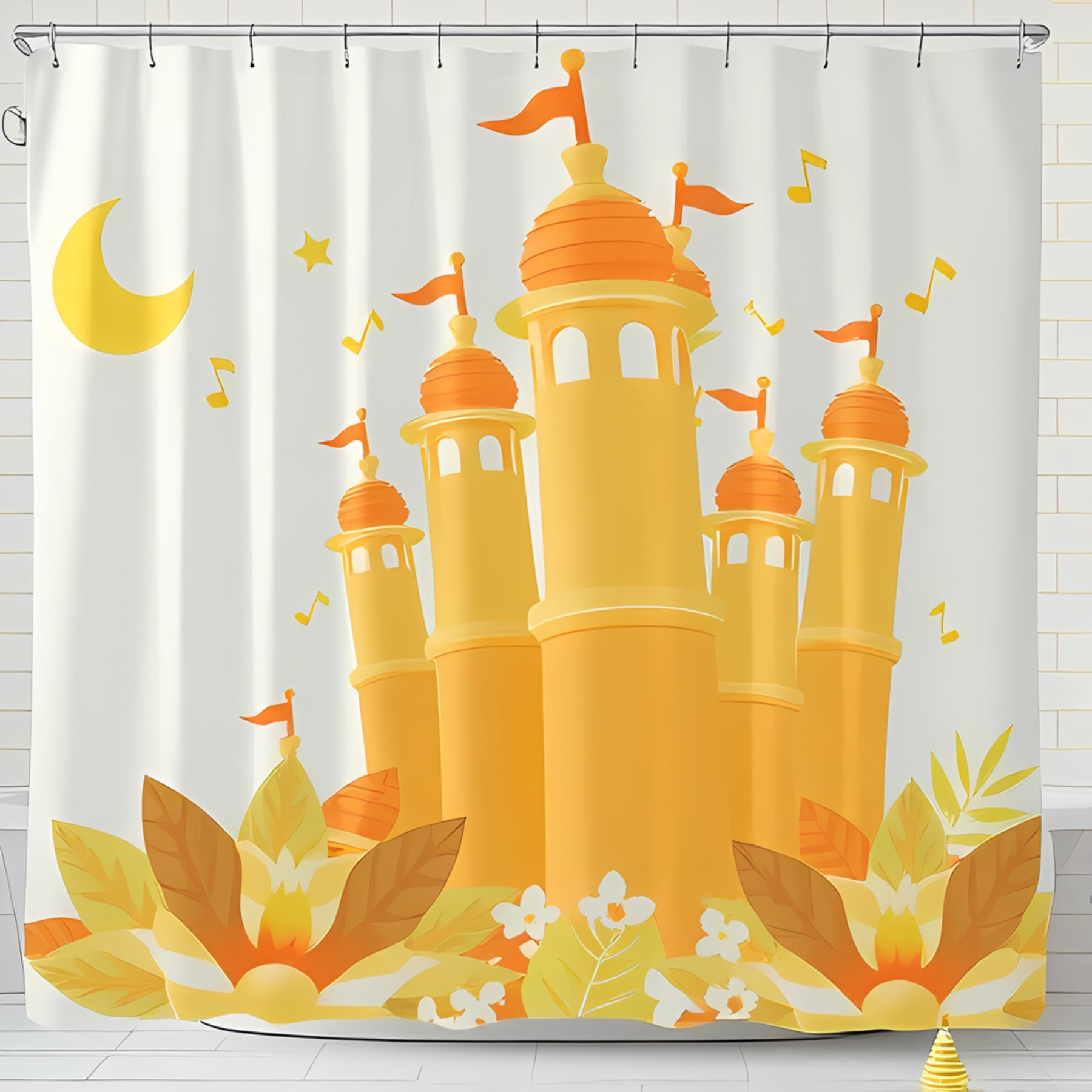 Whimsical Castle Shower Curtain with Golden Towers Orange Flags and ...