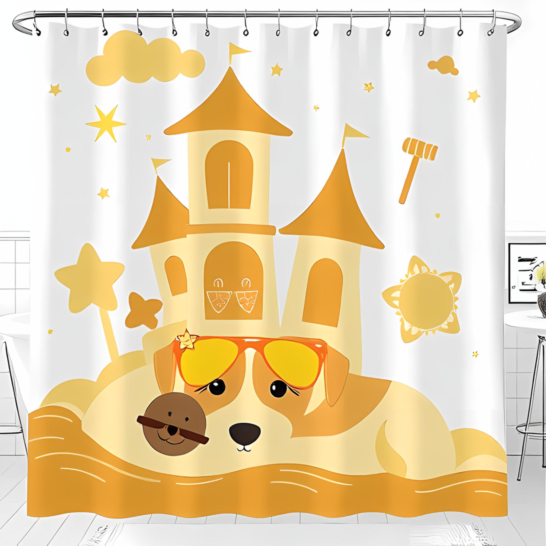 Whimsical Castle Shower Curtain with Golden Towers Stars and Playful ...