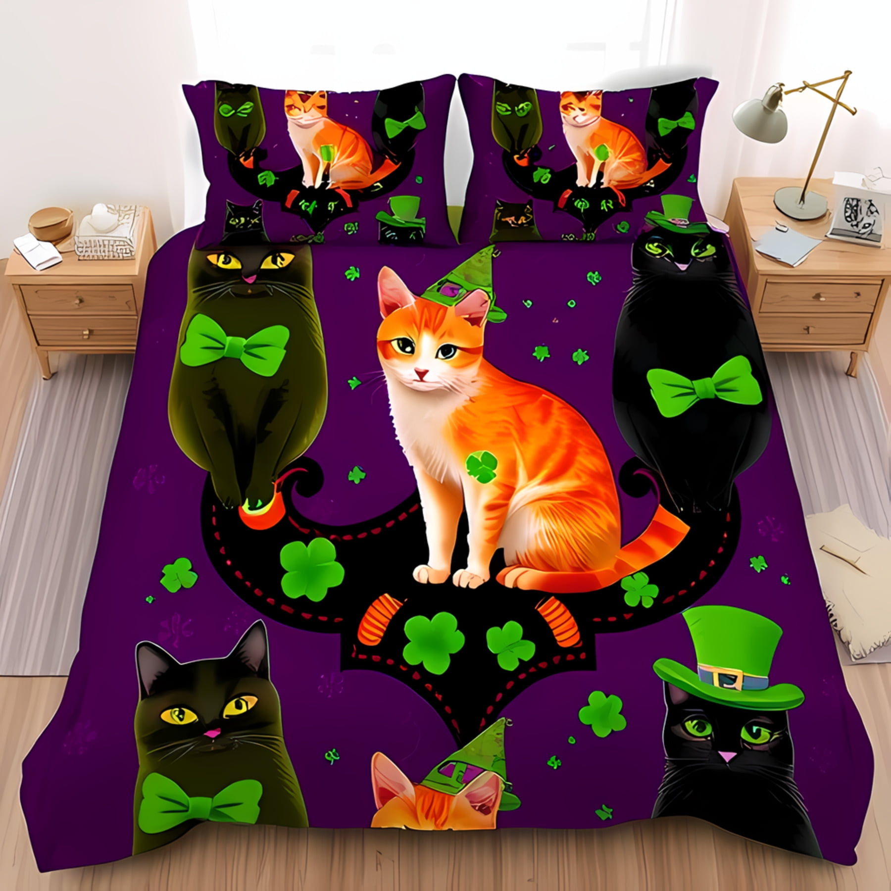 Whimsical Cat Duvet Cover Set - 3-Piece Bedding with Orange Tabby ...