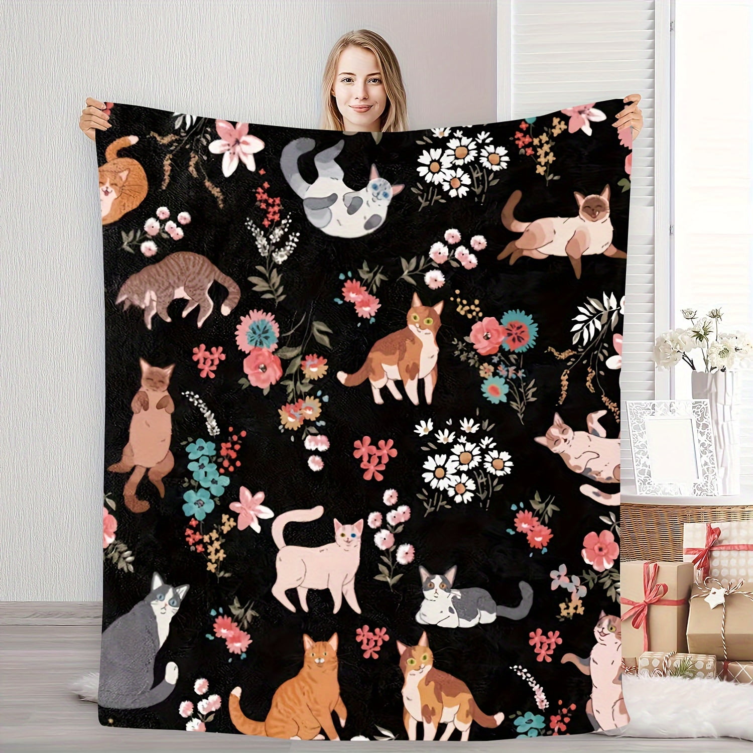 Whimsical Cat & Floral Print Flannel Throw Blanket - Ultra-Soft, Warm ...