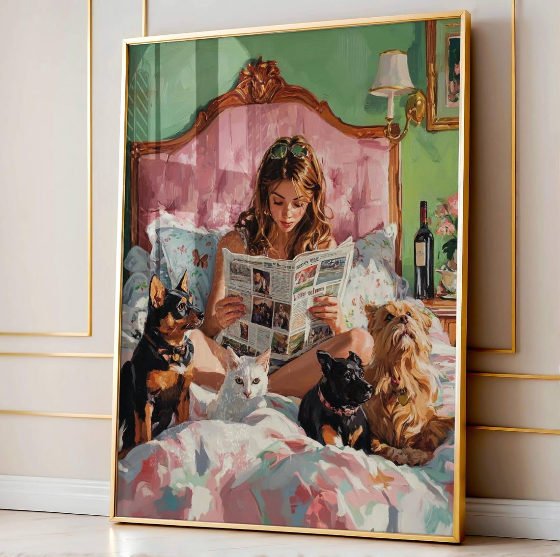 Whimsical Cat Lover Art, Woman Reading With Cats Bedroom Wall Art For ...