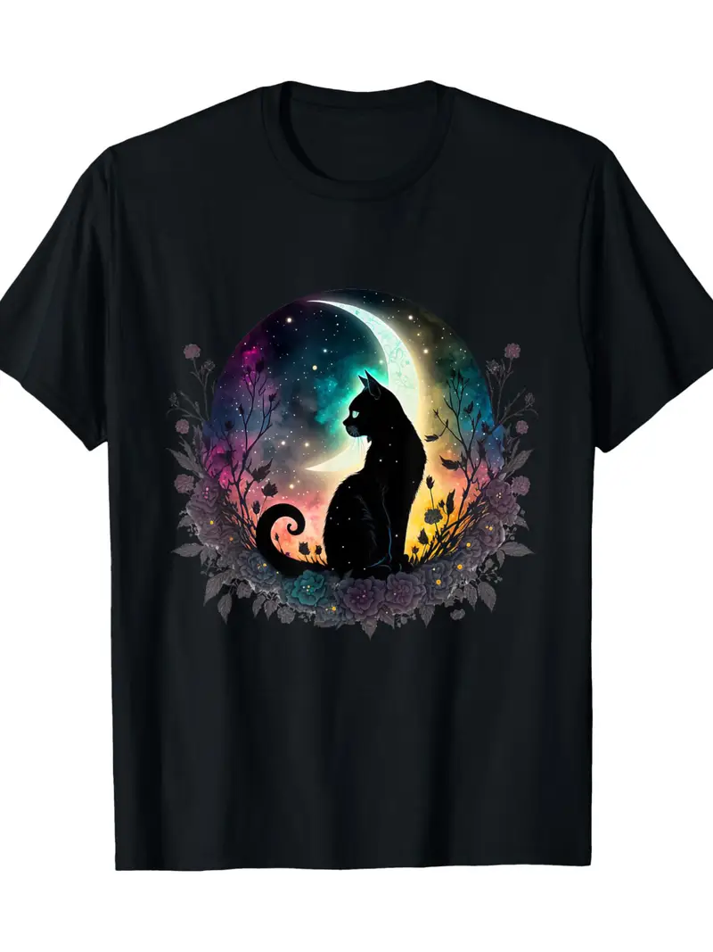 Whimsical Cat & Moon Graphic T-Shirt - 100% Cotton, Short Sleeve, Crew ...