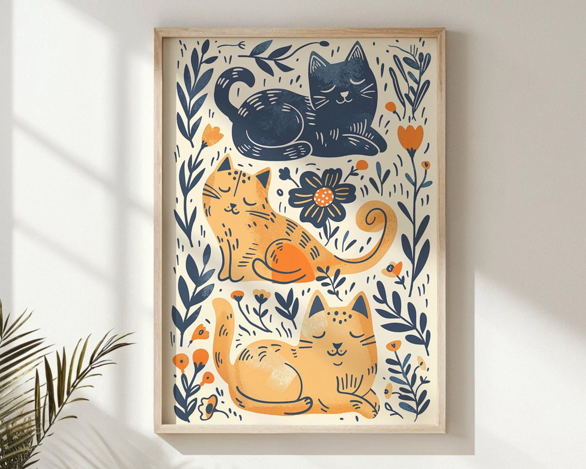 Whimsical Cat Nursery Wall Art, Kids Room Decor, Playful Feline Poster ...