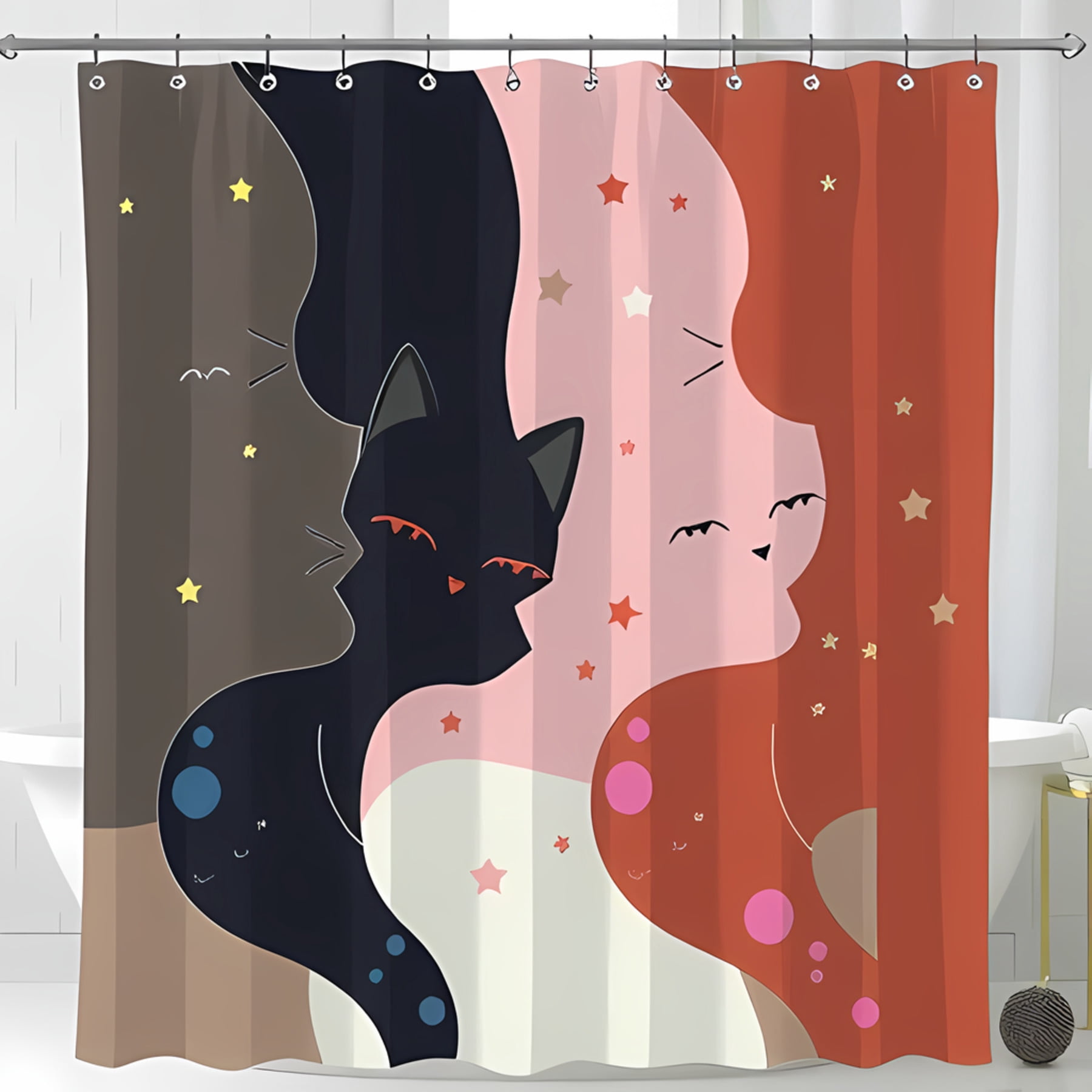 Whimsical Cat Shower Curtain - Black & Red Cats with Smiling Faces on ...