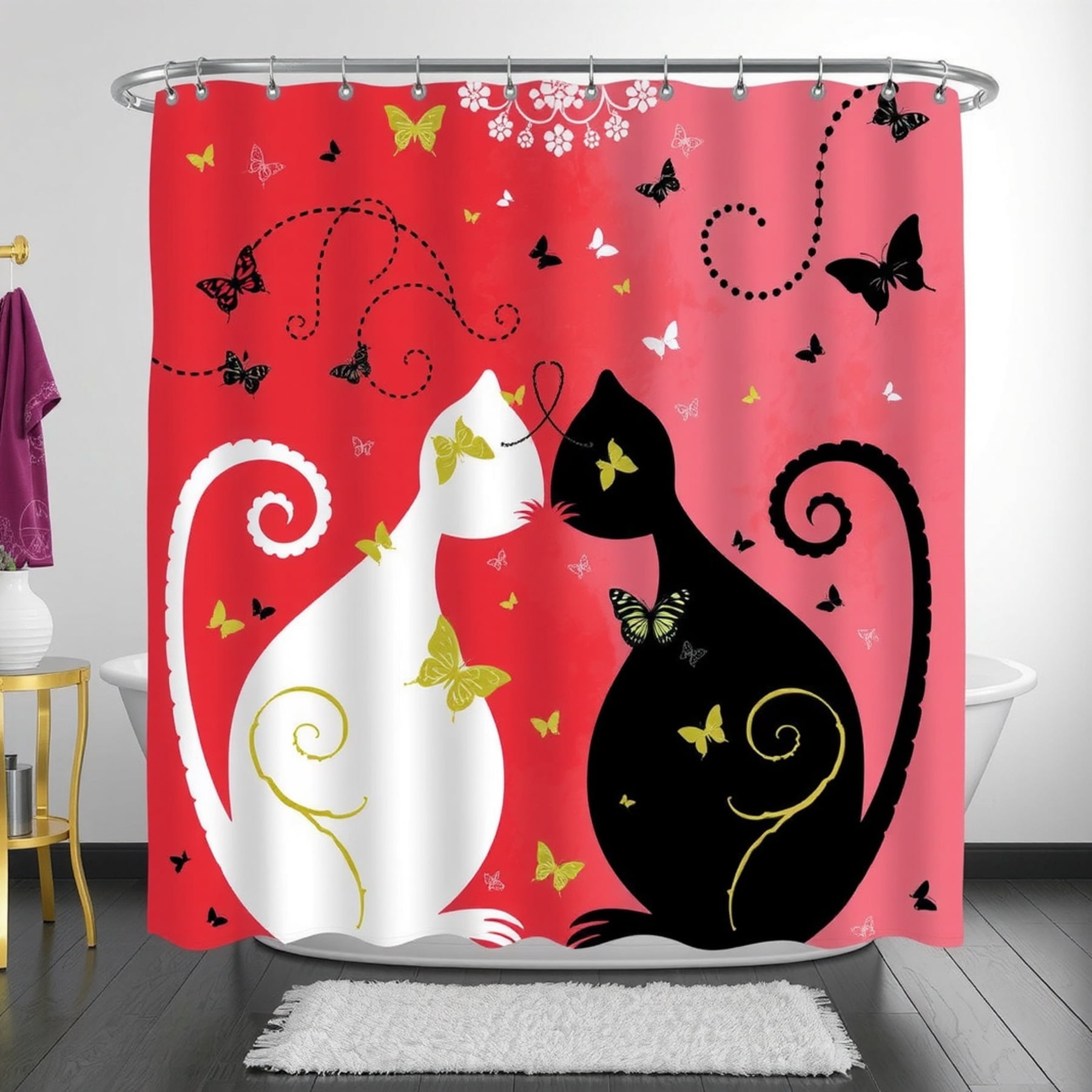 Whimsical Cat Shower Curtain - Black & White Cats with Butterflies ...