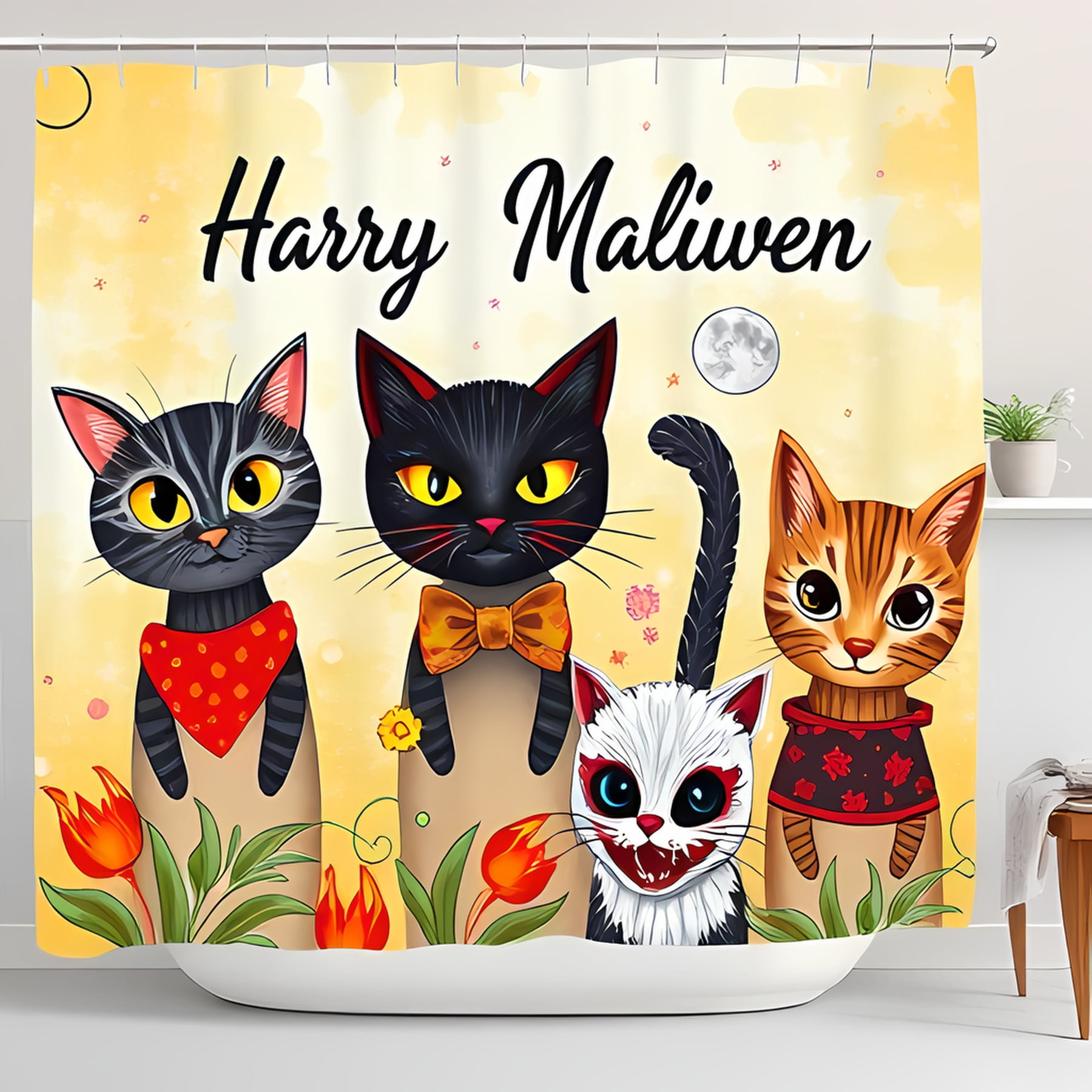 Whimsical Cat Shower Curtain - Cheerful Yellow with Stylish Felines ...