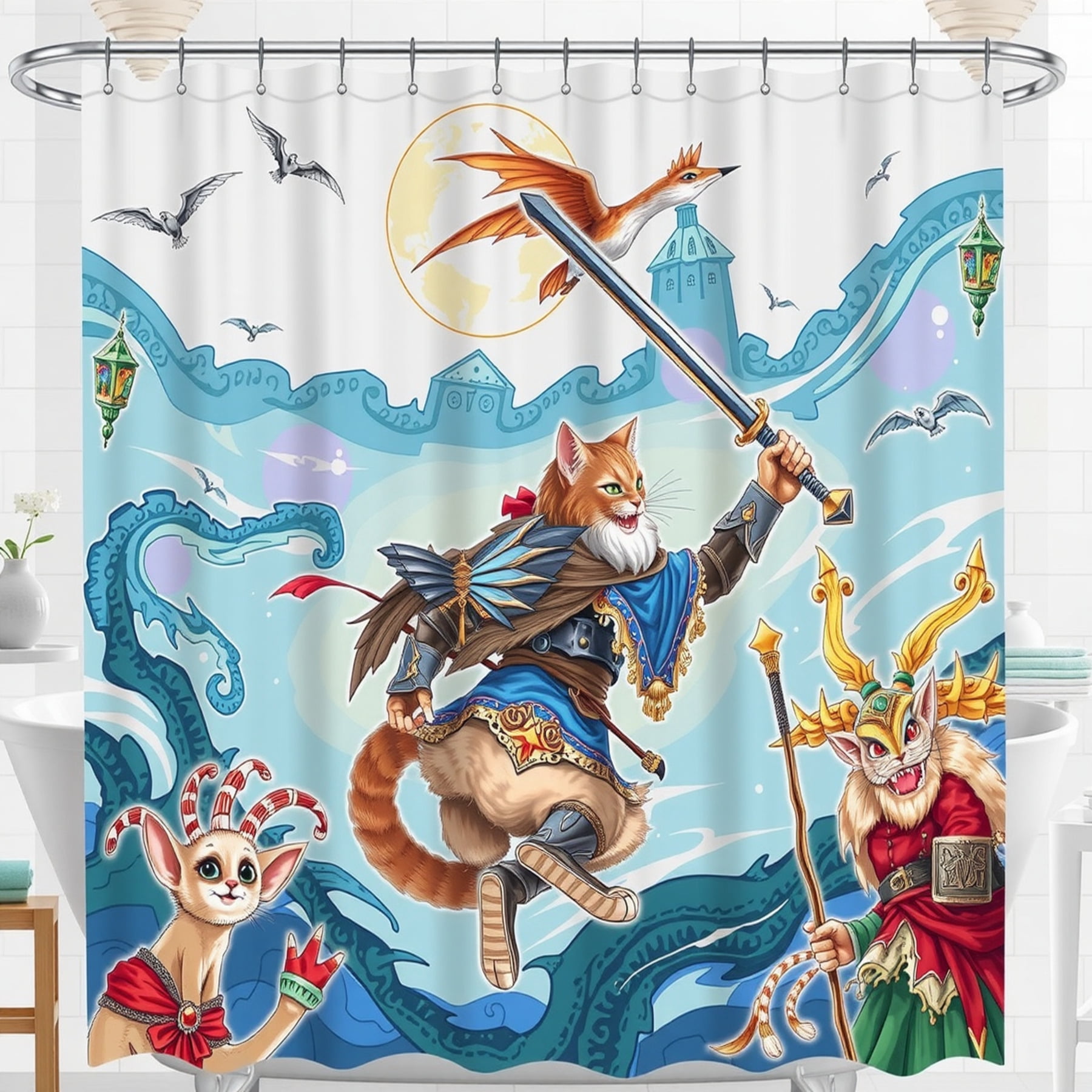 Whimsical Cat Shower Curtain - Fantasy Battle with Dragon & Friend ...