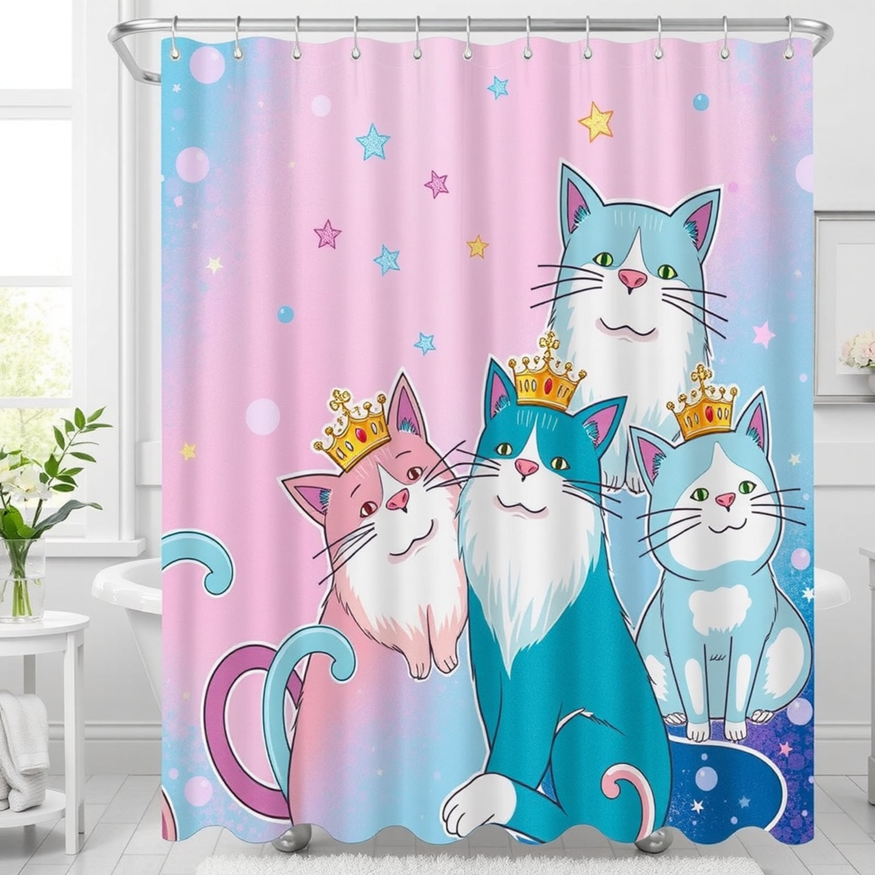 Whimsical Cat Shower Curtain - Pink & Blue Stars Cartoon Cats with ...