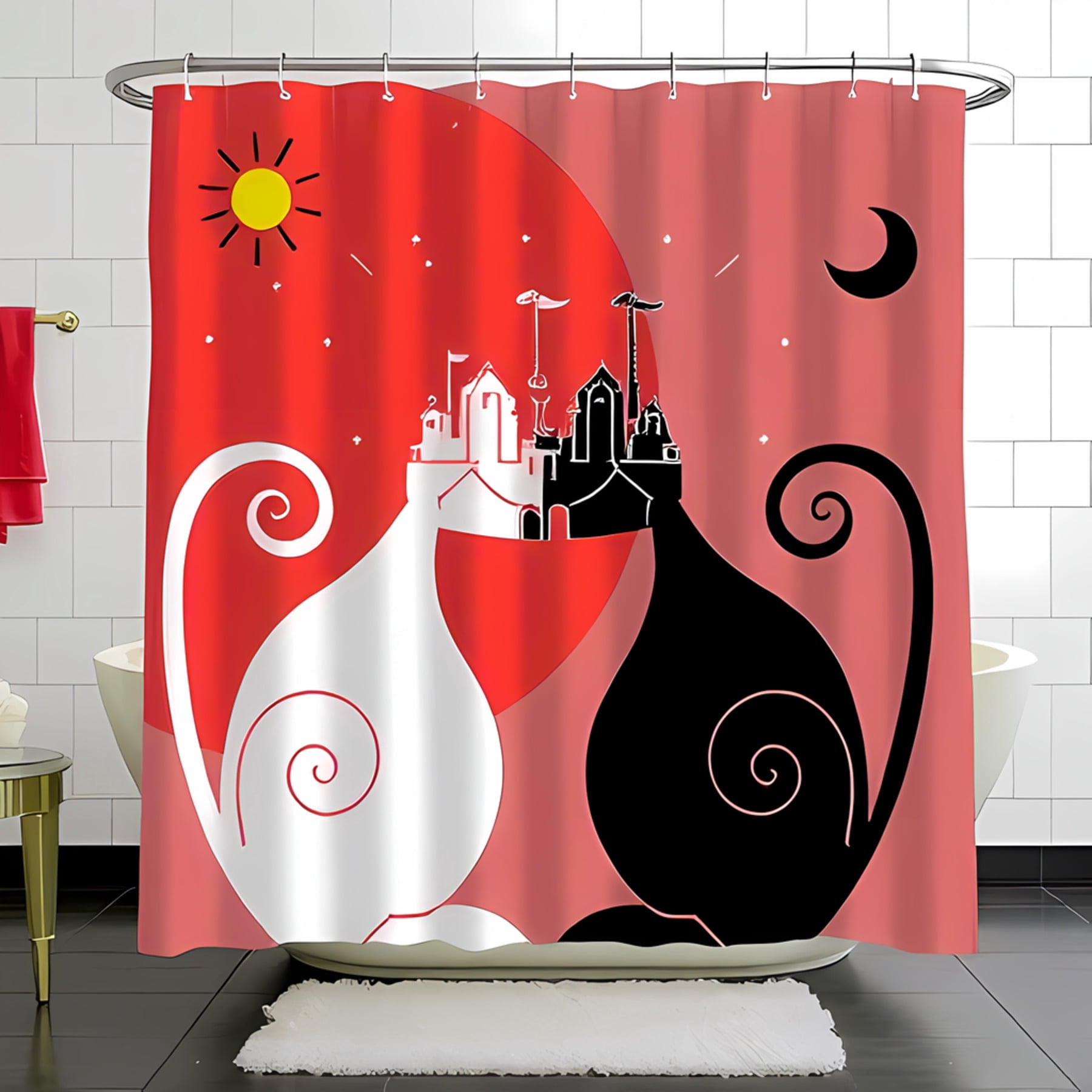Whimsical Cat Shower Curtain - Vibrant Design with Spiral - Tailed Cats ...