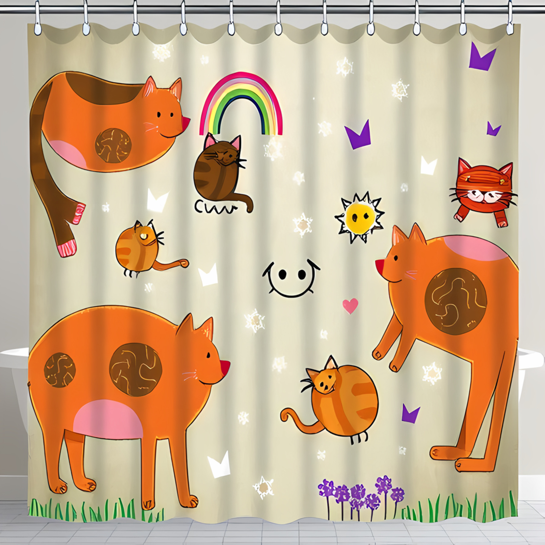 Whimsical Cat Shower Curtain with Rainbow Smiling Sun Butterflies ...