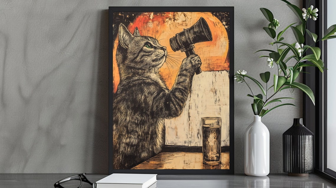Whimsical Cat Stargazer Art Print Cat With Telescope, Playful Astronomy ...