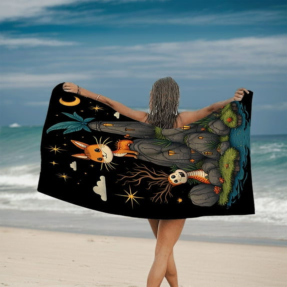 Whimsical Cat & Tower Design Beach Towel - Magical Nighttime Scene with ...