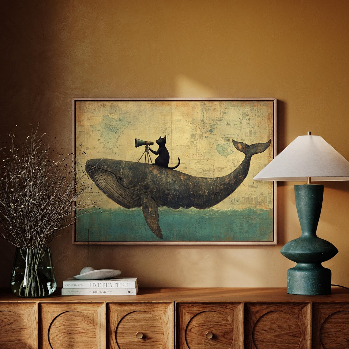 Whimsical Cat And Whale Adventure: Black Cat On A Whale With Telescope ...