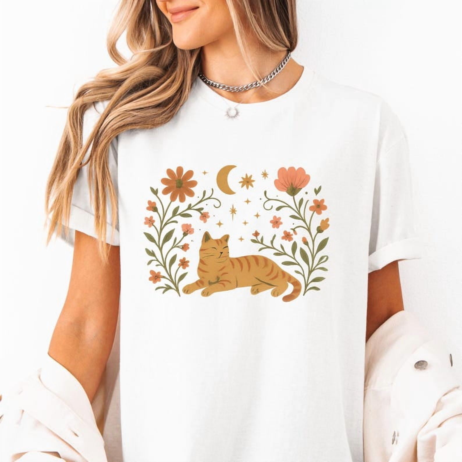 Whimsical Cat and Moon T-Shirt Cozy Floral Cat Shirt Cottagecore Moon ...