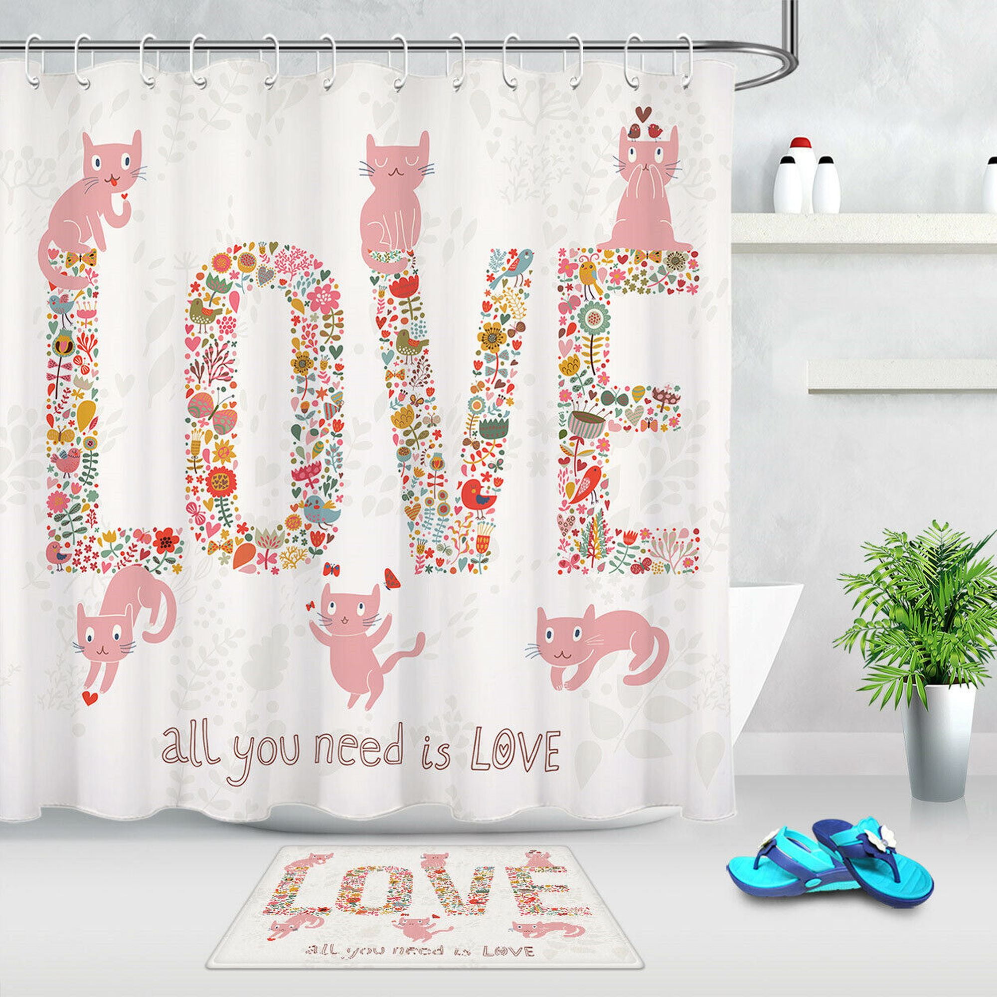 Whimsical Cats and Floral Delights: Shower Curtain Set for a Charming Valentine's Day Bathroom ...