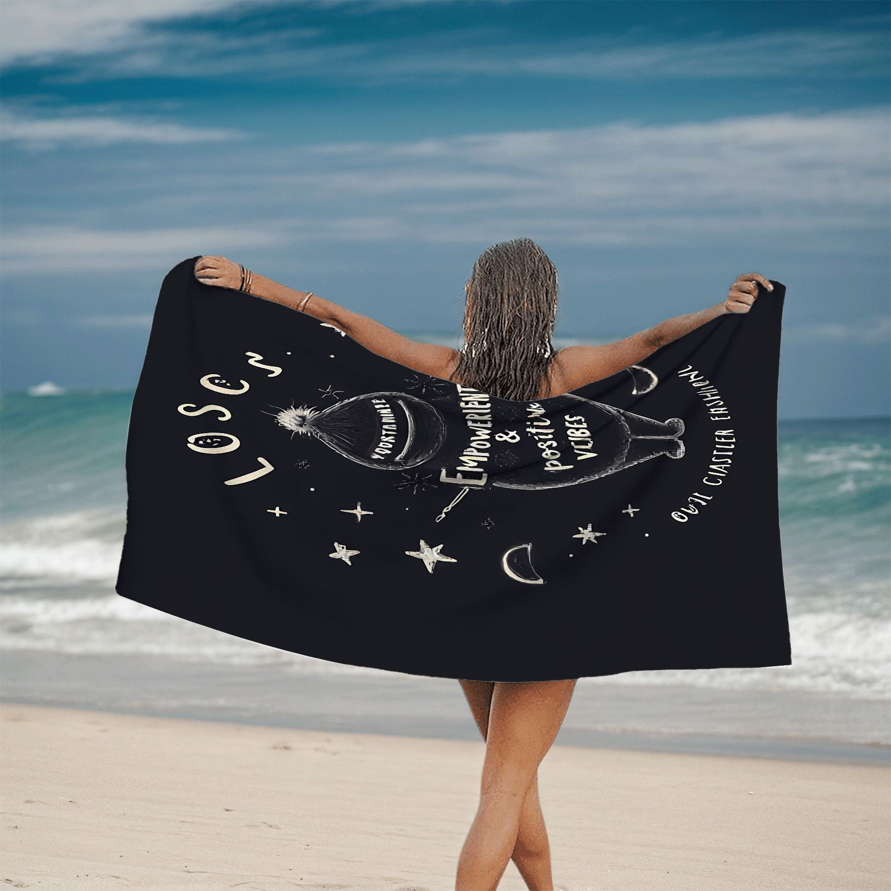 Whimsical Celestial Pattern Beach Towel - Stars & Crescent Shapes ...