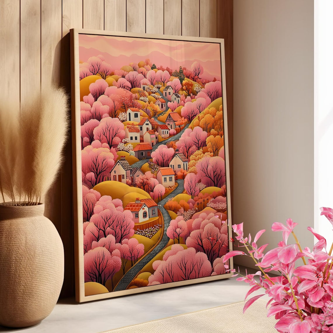 Whimsical Cherry Blossom Village Wall Art Pink Spring Decor, Unframed ...
