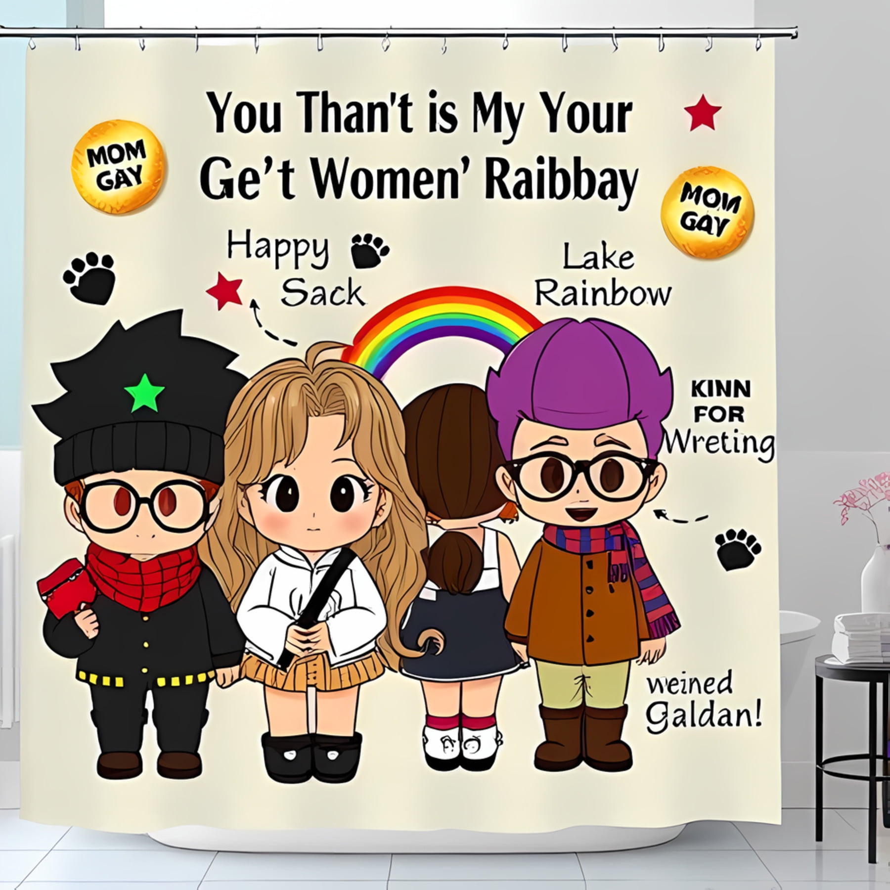 Whimsical Chibi Shower Curtain with Rainbow Playful Characters & Text ...