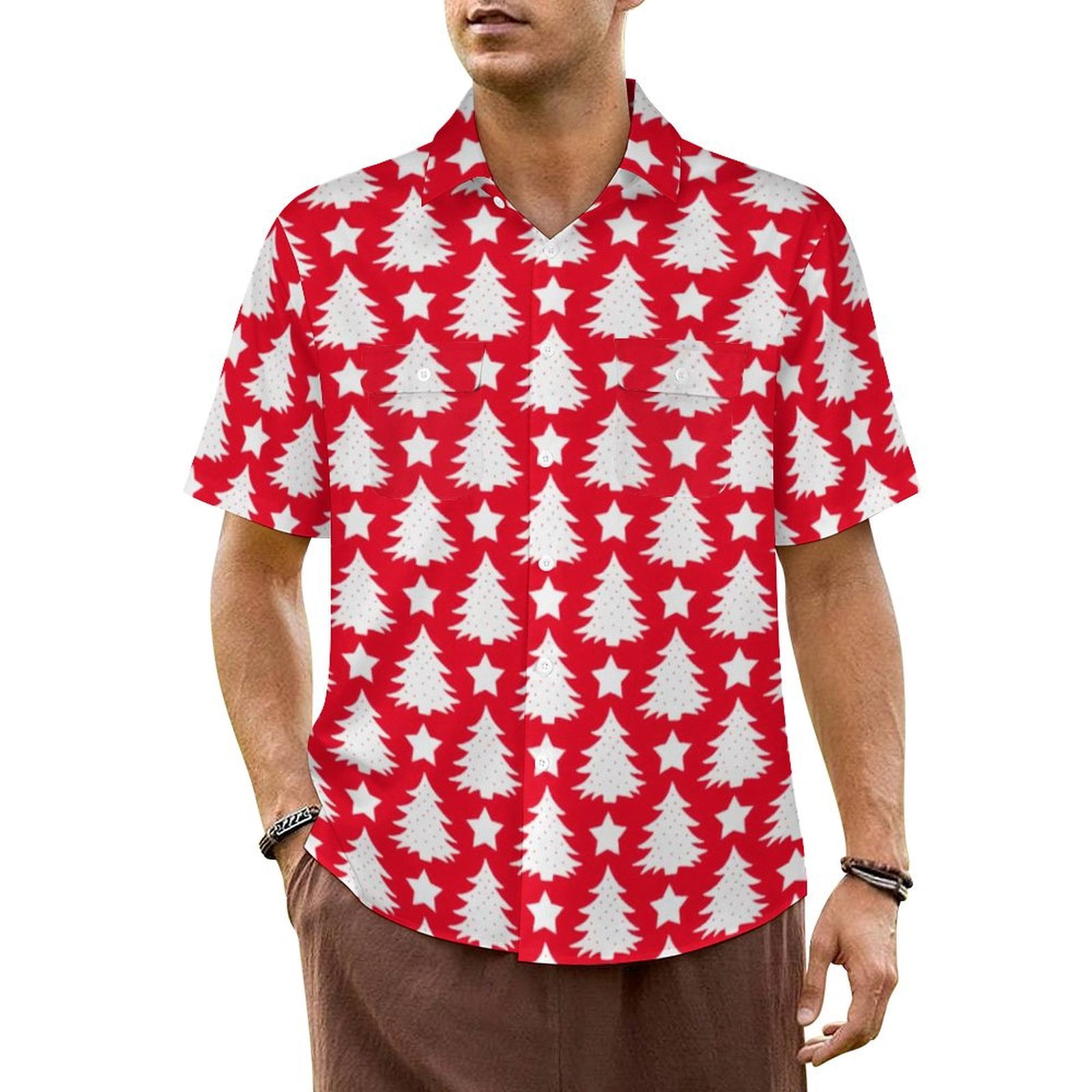 Whimsical Christmas Tree Hawaiian Shirt For Men Beach Star Green White ...