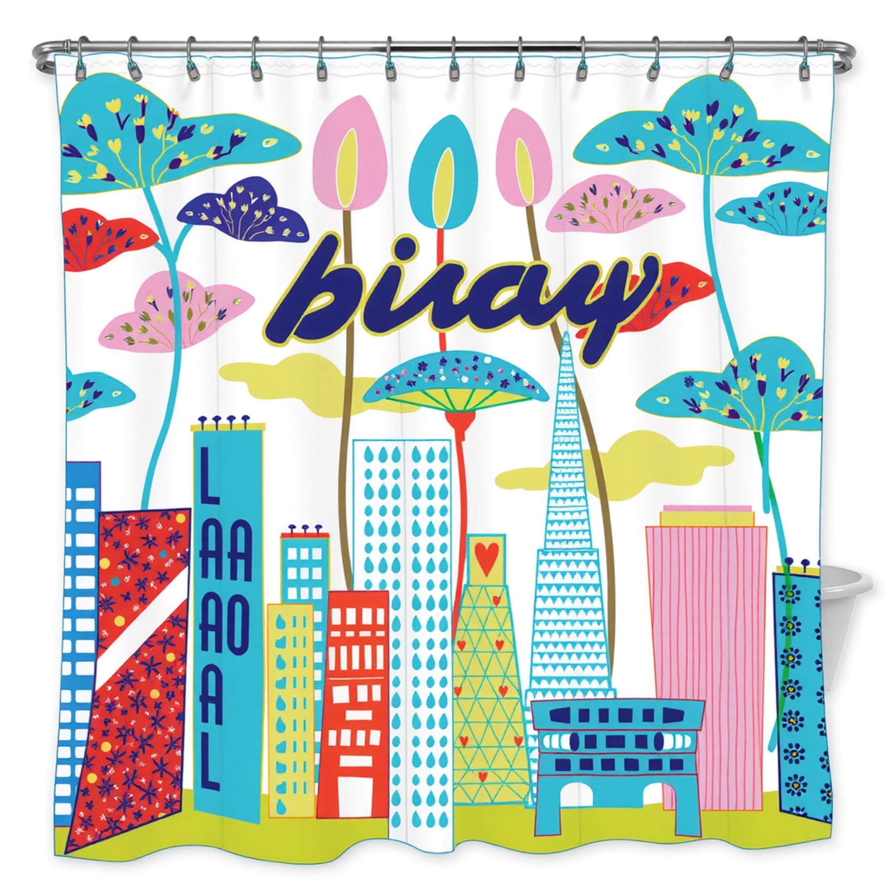 Whimsical City Shower Curtain with Bold Colors & Patterns - "Biray ...
